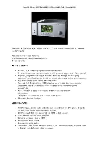 Halcro SSP220 SURROUND PROCESSOR | PDF