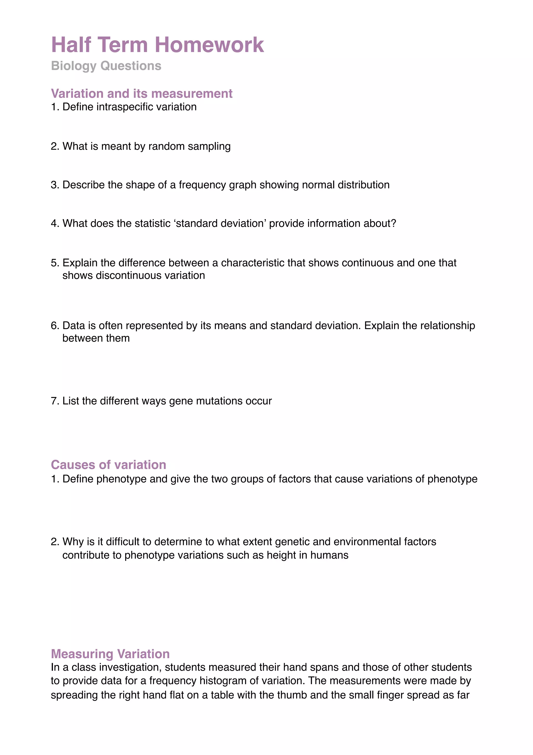 Half Term Homework Biology Questions | PDF | Genetics | Science