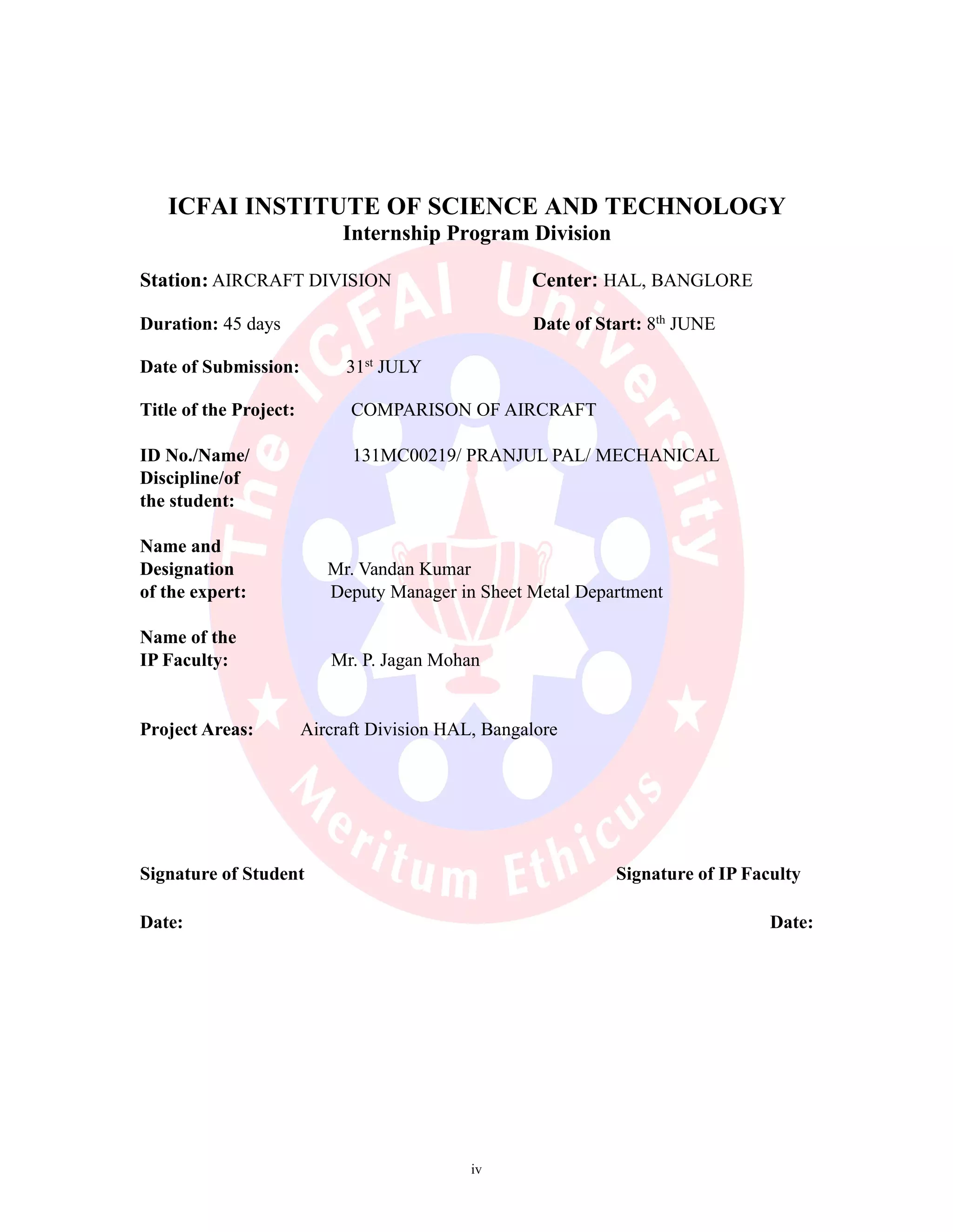 HAL, AIRCRAFT-DIVISON,BANGLORE,SUMMER TRAINING REPORT | PDF