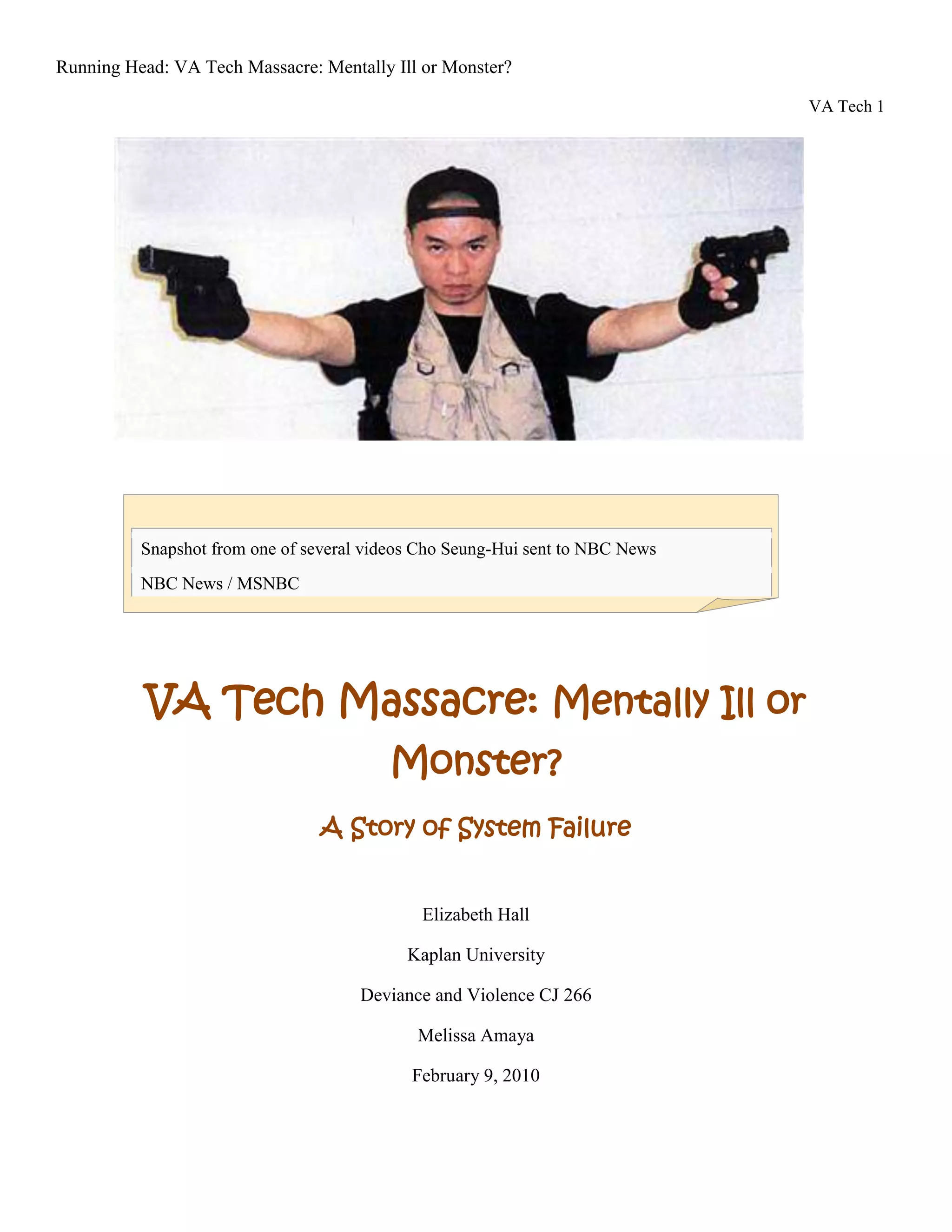 Hall Elizabeth Unit Five Va Tech Massacre Mentally Ill Or Monster | DOCX