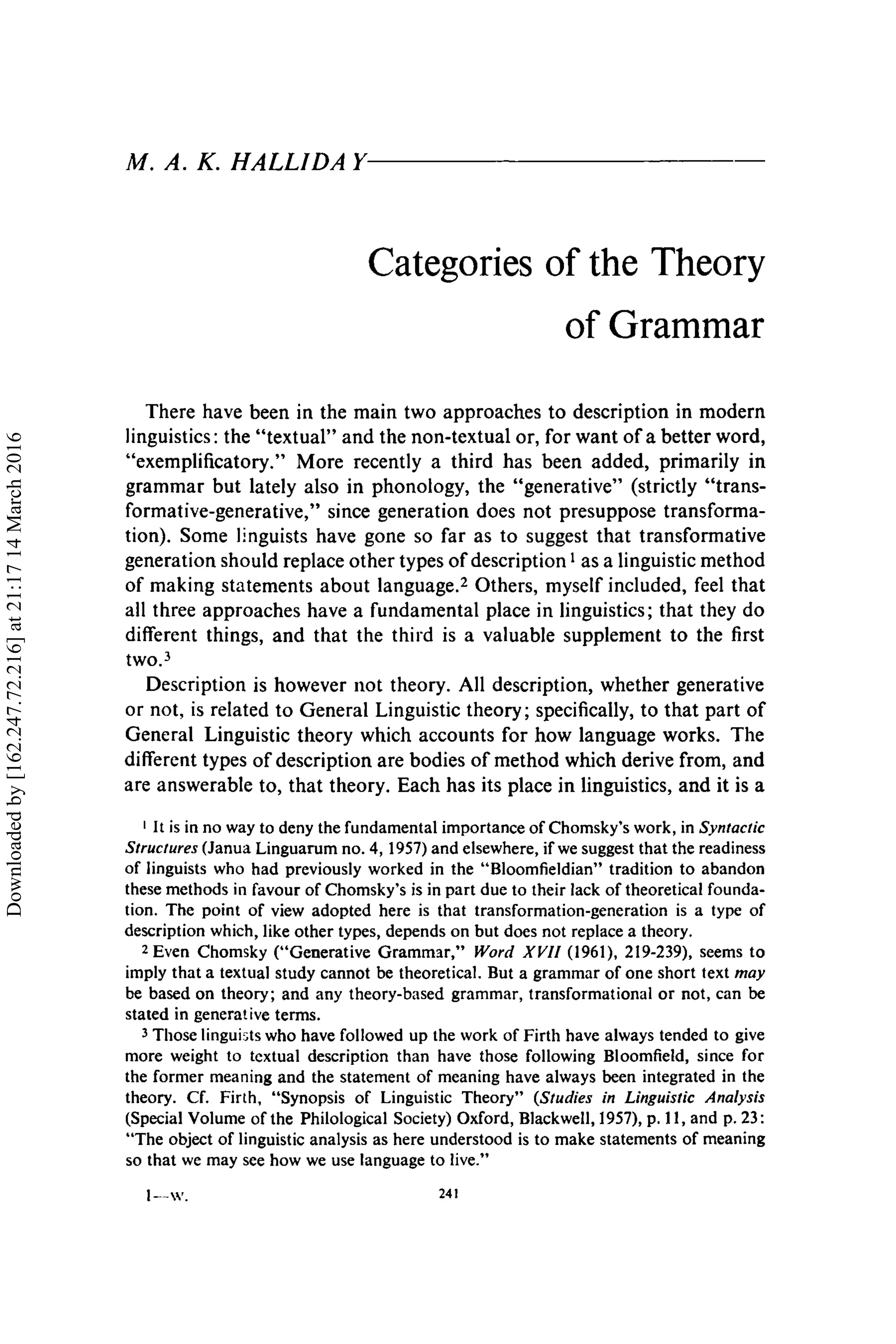 Categories of the Theory of Grammar (Halliday, 1961) | PDF