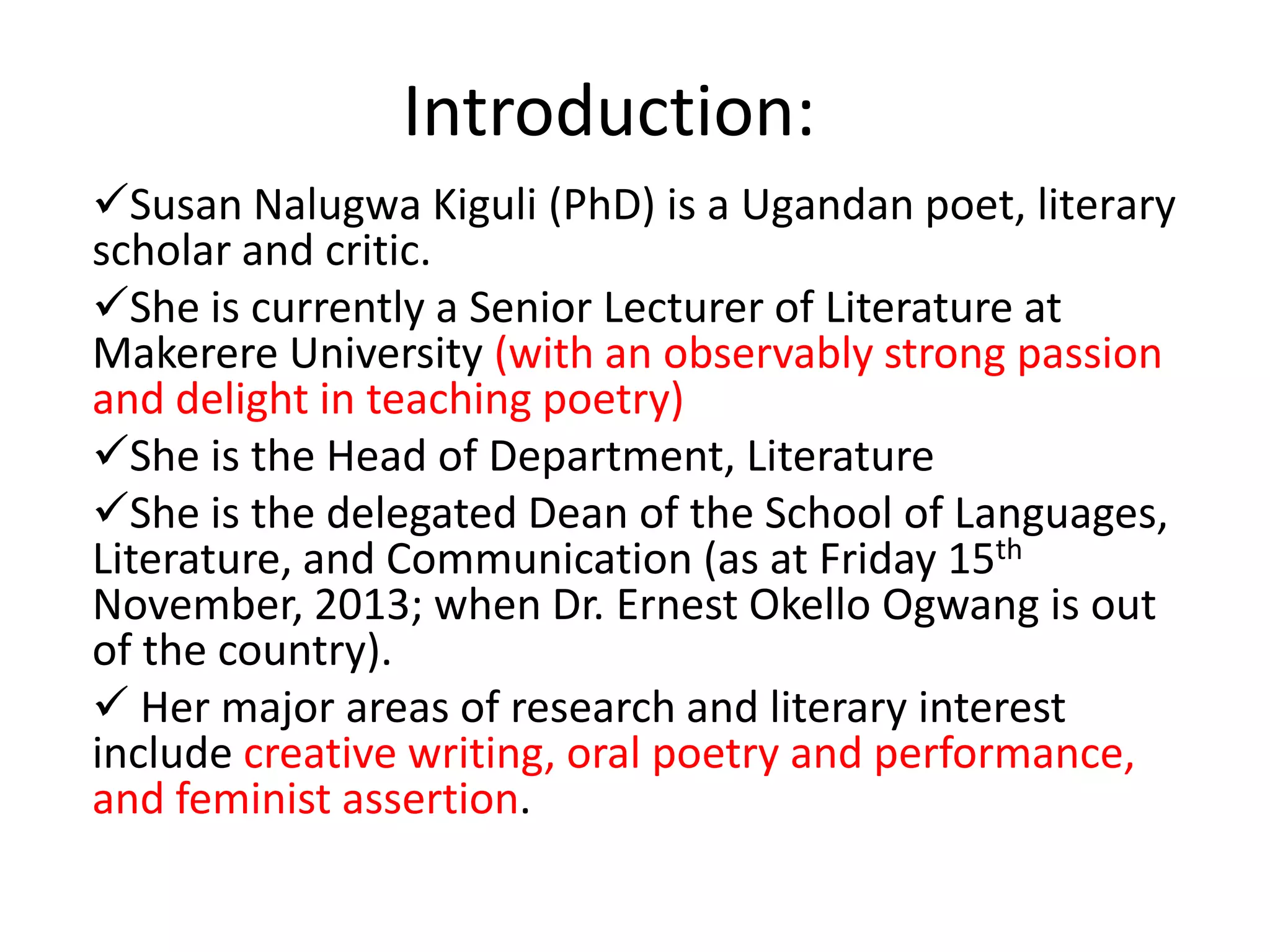Hall of fame of the poet susan nalugwa kiguli | PPTX