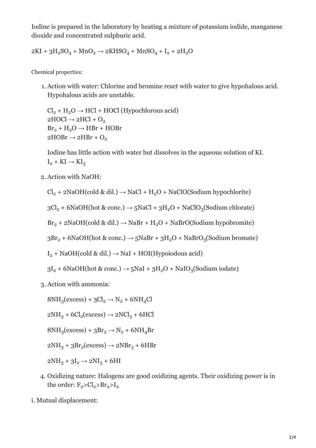 Halogens description and reactions for class 11 | PDF | Chemistry | Science