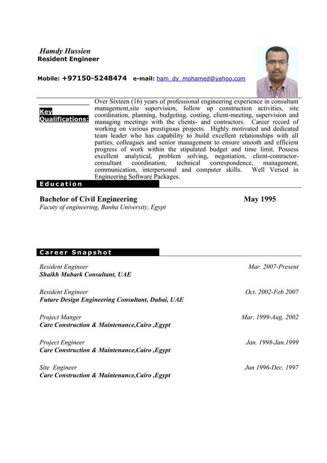Hamdy hussien cv resident engineer | DOCX | Civil Engineering Industry | Industries