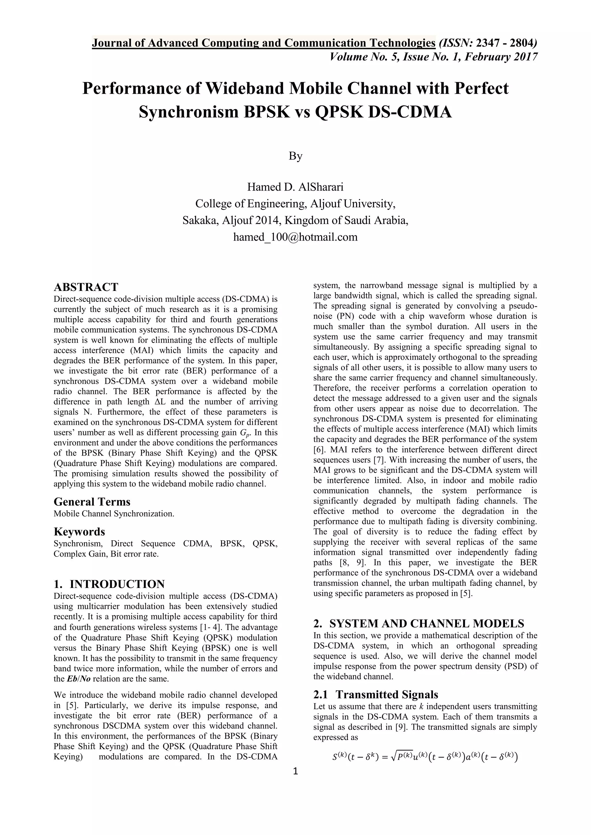 Performance of Wideband Mobile Channel with Perfect Synchronism BPSK vs QPSK DS-CDMA | PDF