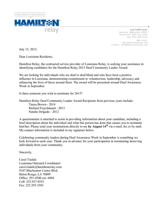 Hamilton relay nomination letter | PDF