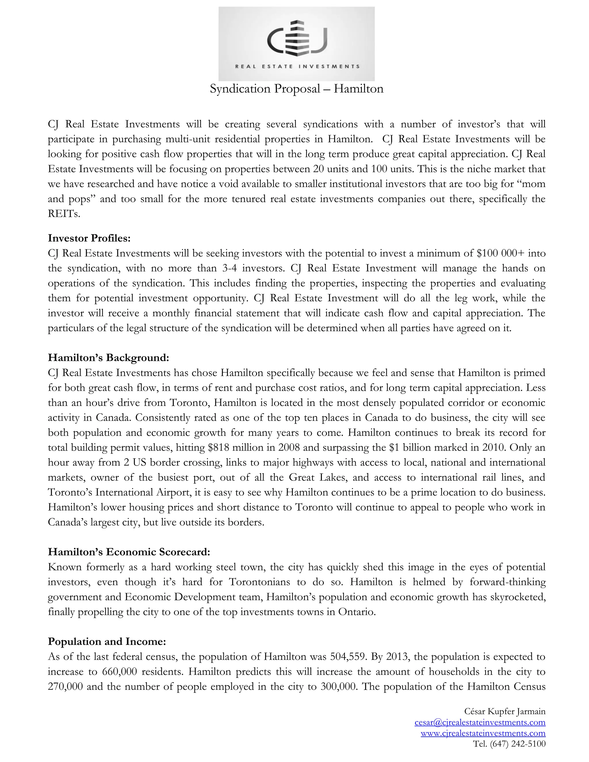 Hamilton Syndication Proposal | PDF | Real Estate Industry | Industries