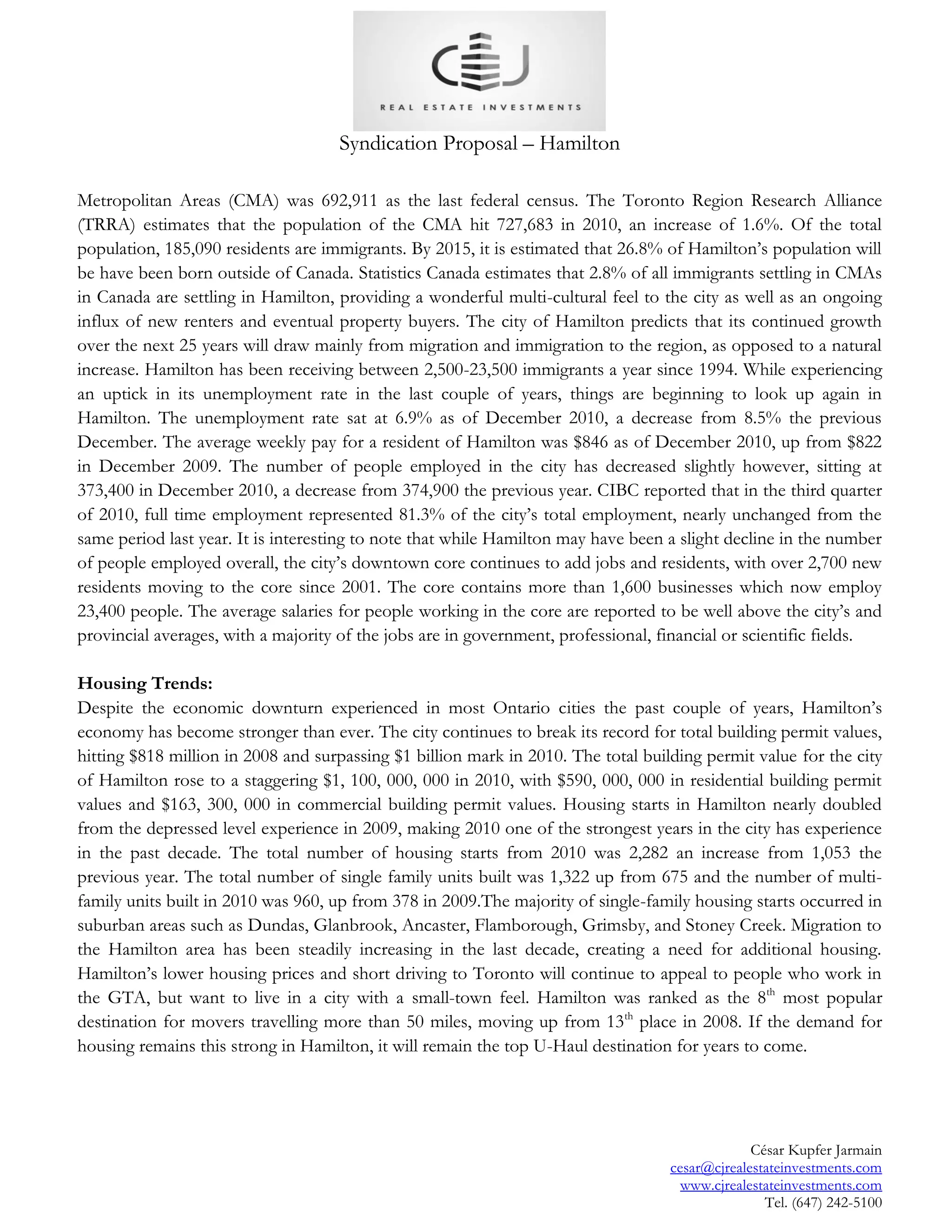 Hamilton Syndication Proposal | PDF | Real Estate Industry | Industries