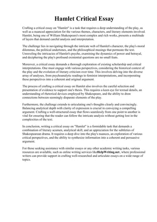 Hamlet Critical Essay. Hamlet Essay English Advanced - Year 12 HSC ...