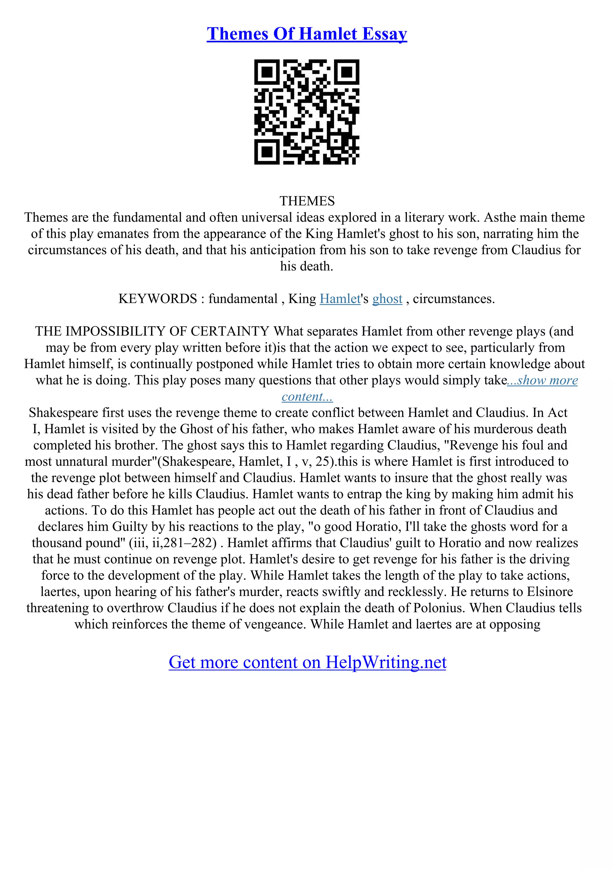 Hamlet Theme Essay | PDF | Crime & Harmful Acts to Individuals, Society ...