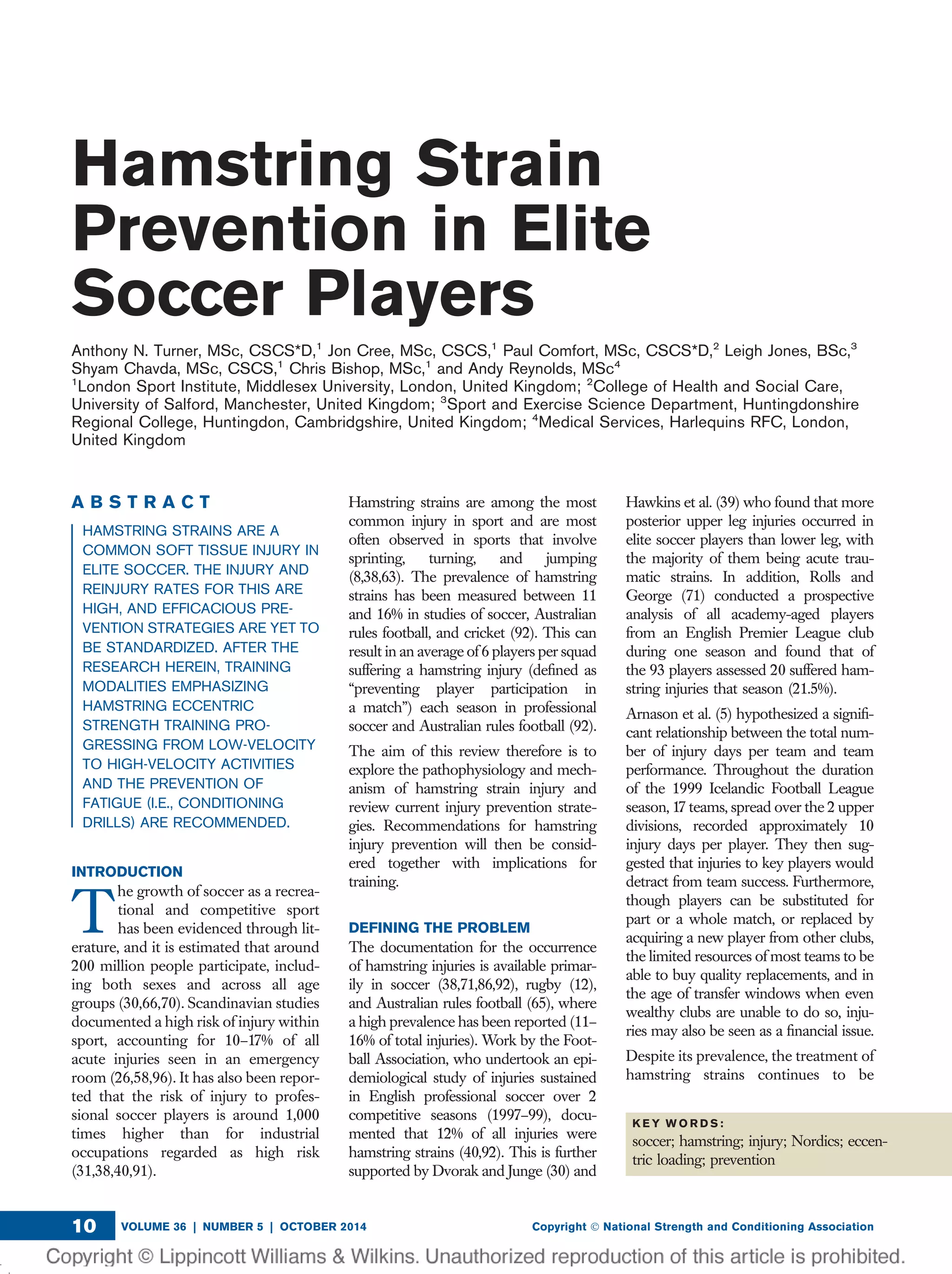 Hamstring strain prevention in elite soccer players | PDF