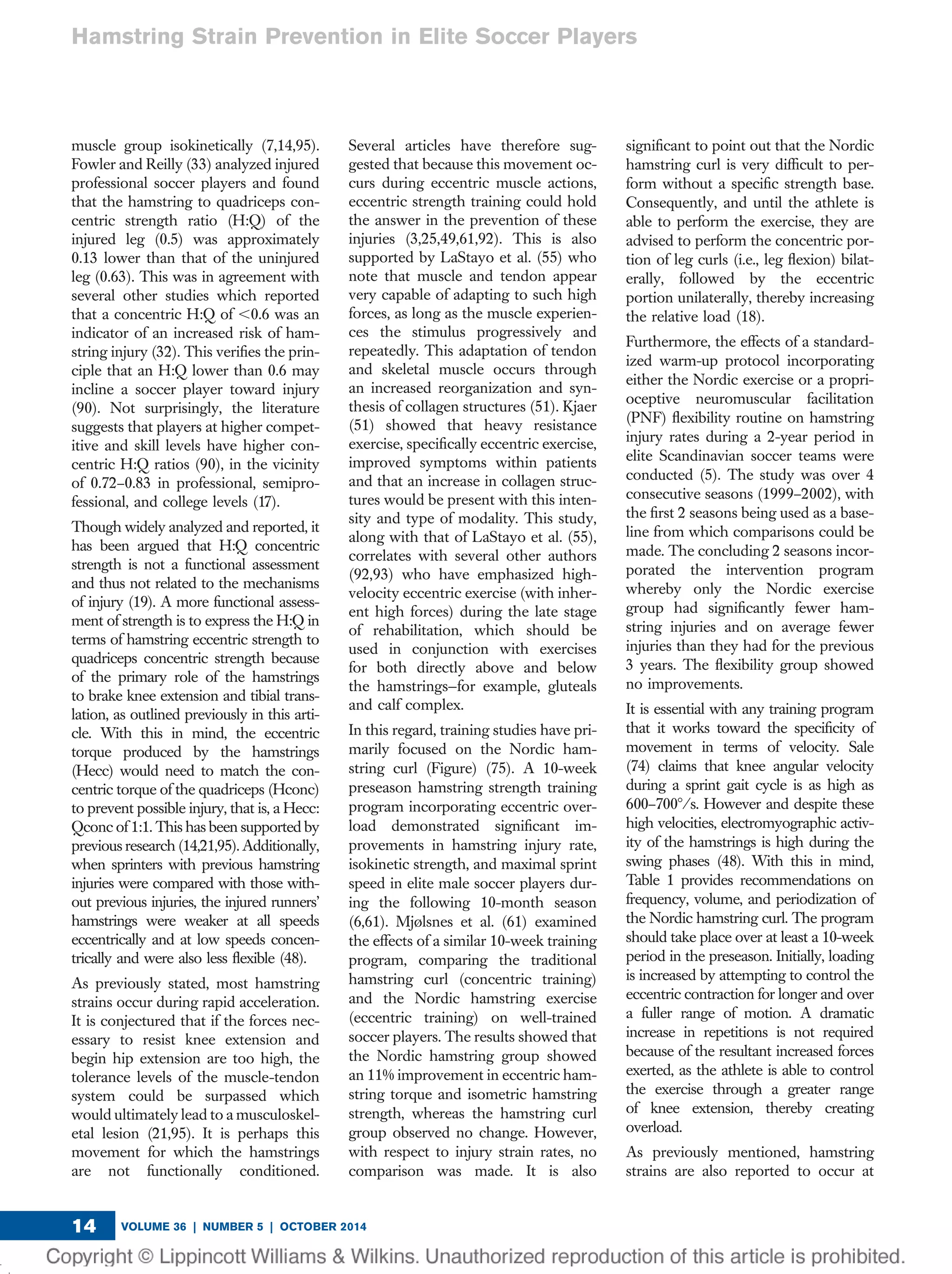 Hamstring strain prevention in elite soccer players | PDF