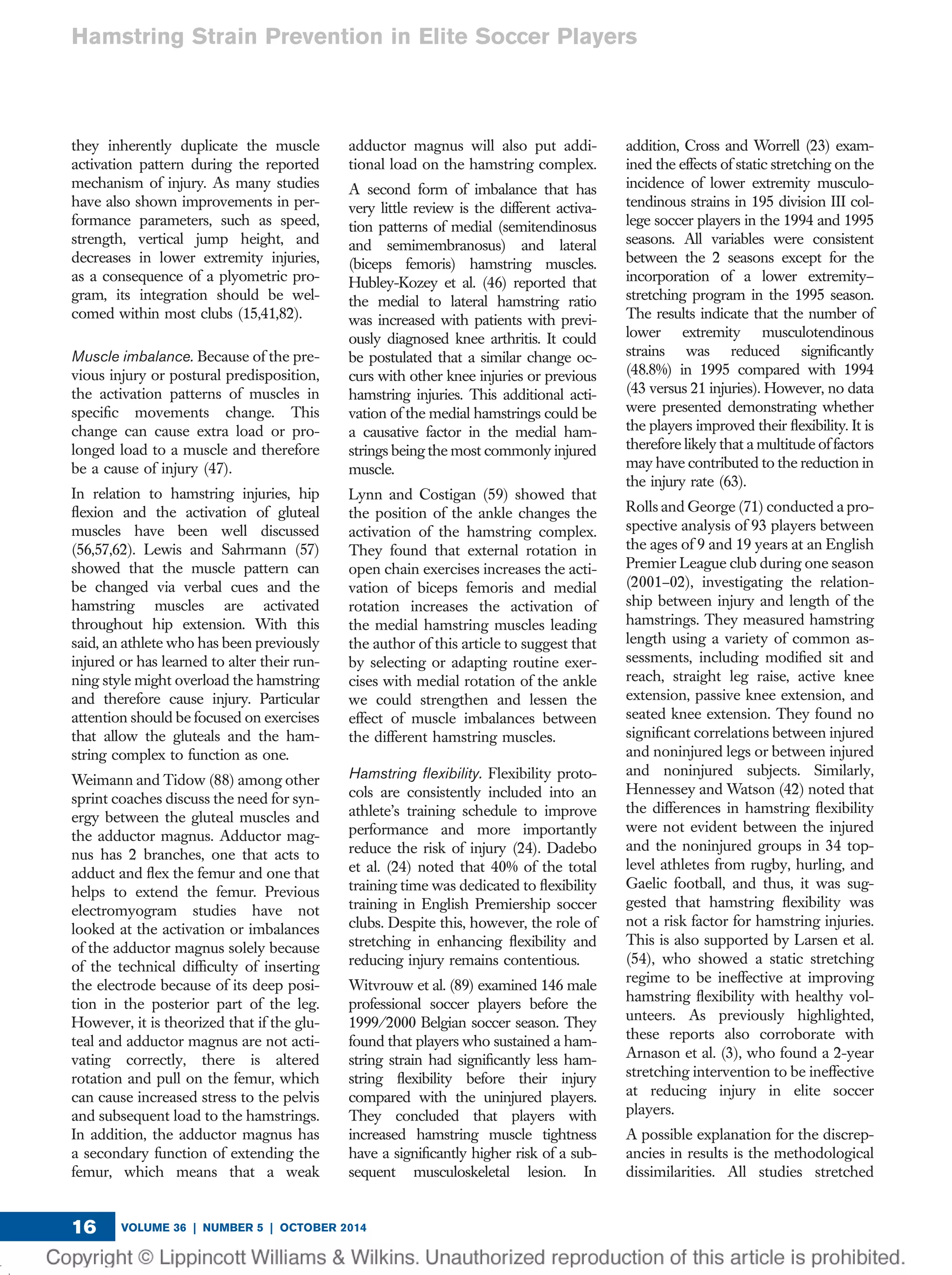 Hamstring strain prevention in elite soccer players | PDF