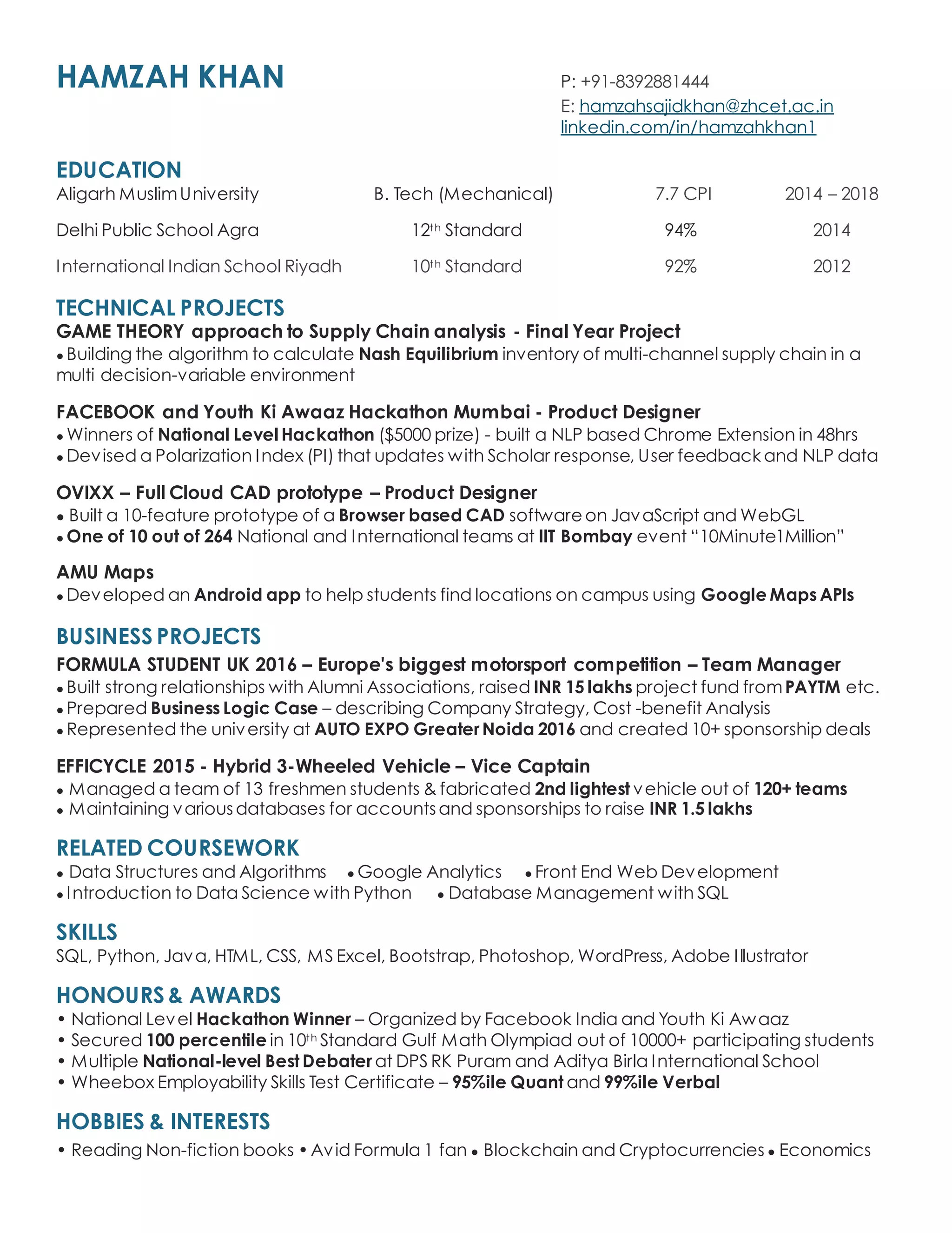 Hamzah Khan Resume | PDF