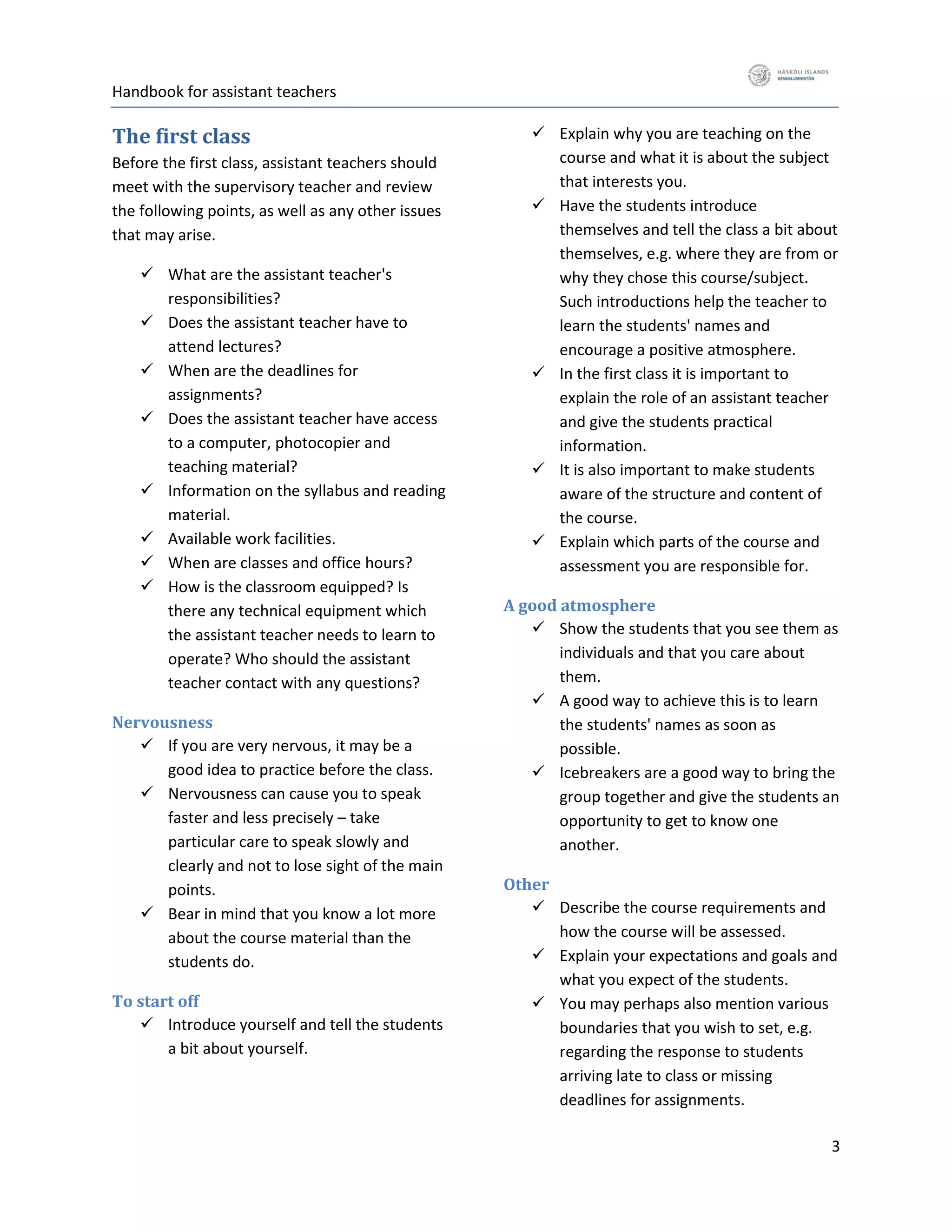 Handbook for Assistant Teachers at The University of Iceland - 2018 | PDF