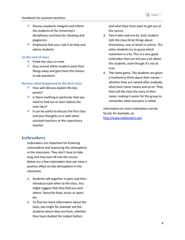 Handbook for Assistant Teachers at The University of Iceland - 2018 | PDF