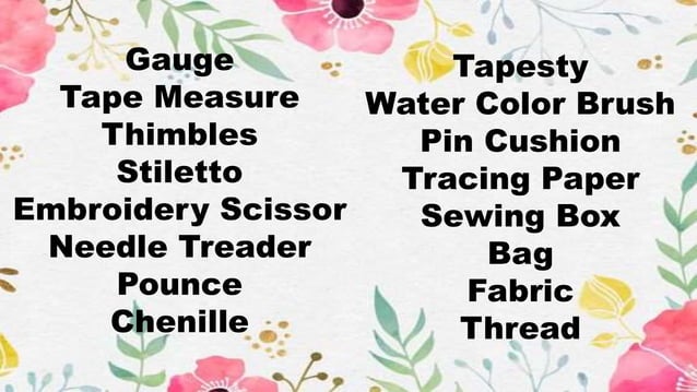 Handicraft/ Embroidery tools and Materials | PPTX | Needlework | Arts ...