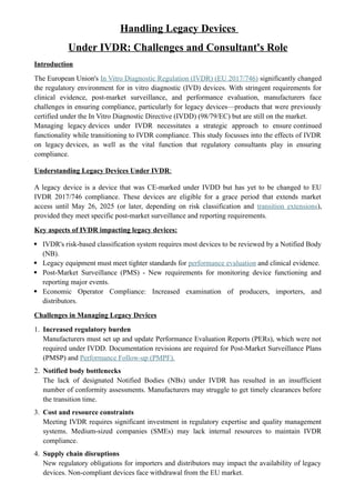 Handling Legacy Devices Under IVDR: Consultant's Role | PDF