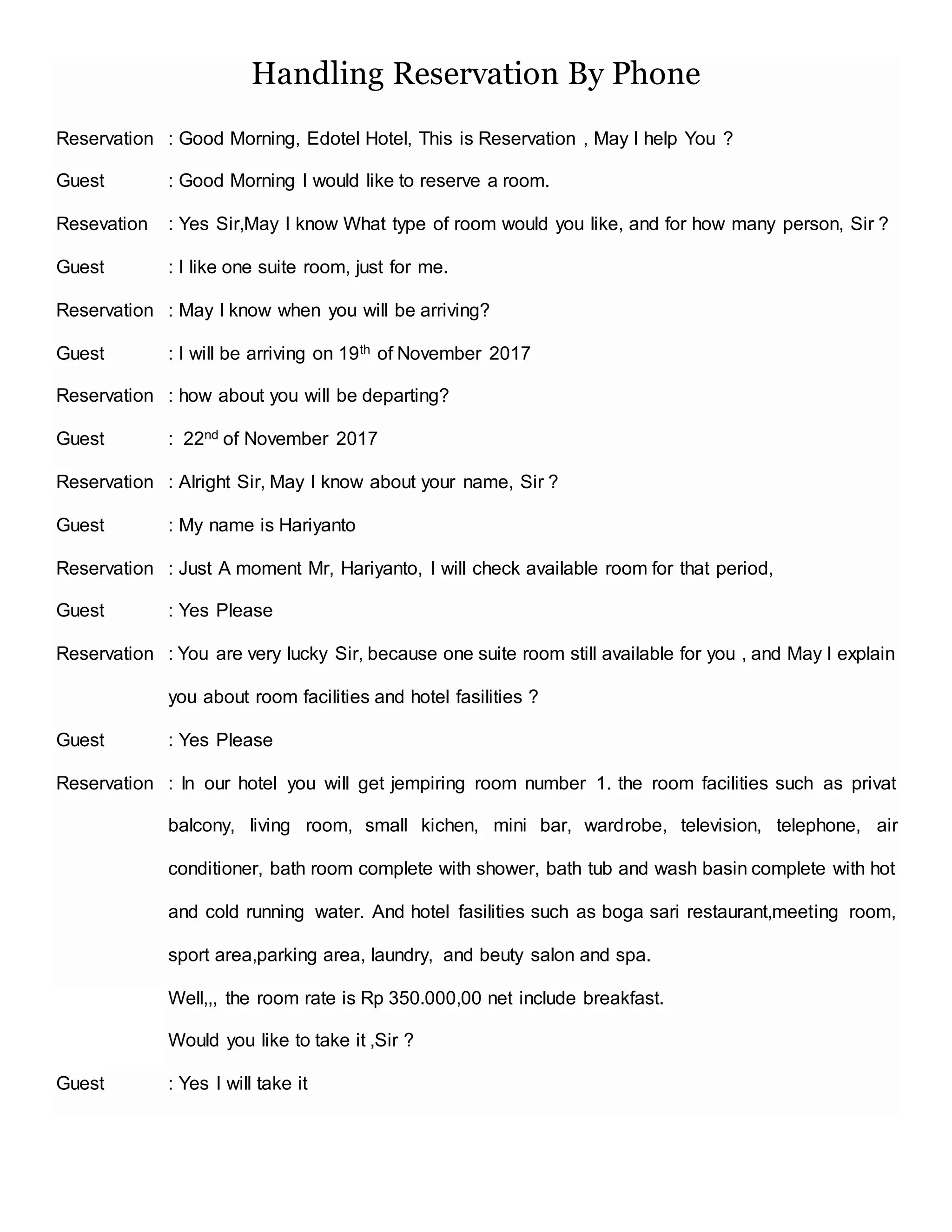 Handling reservation by phone | DOCX