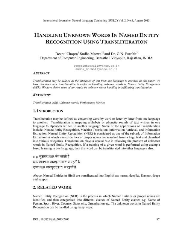 HANDLING UNKNOWN WORDS IN NAMED ENTITY RECOGNITION USING TRANSLITERATION | PDF | Web Development ...