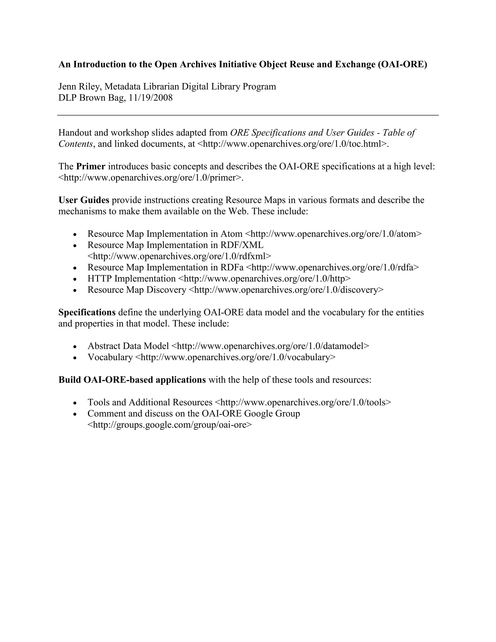 Handout for An Introduction to the Open Archives Initiative Object ...