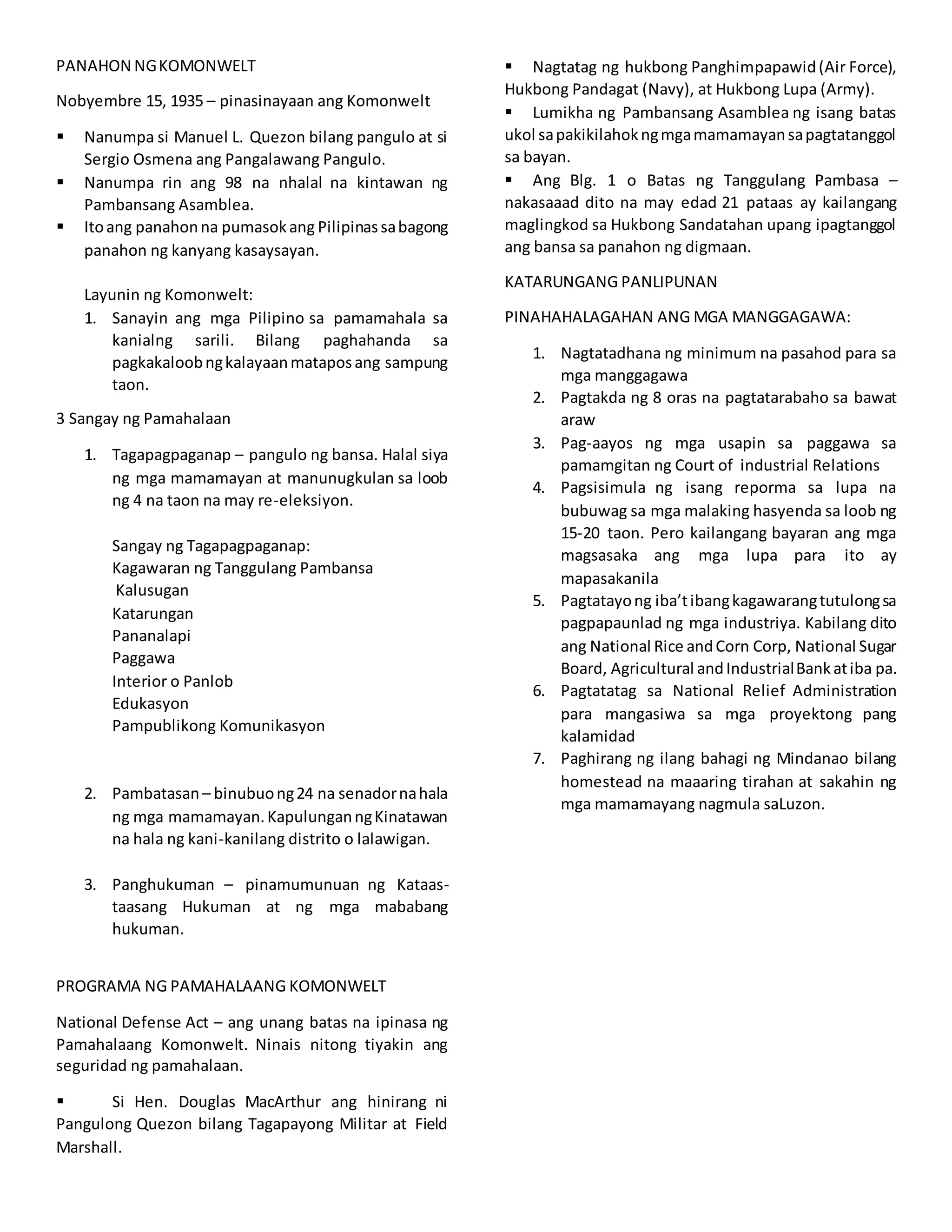 Panahon ng Komonwelt -- Hand-out | DOCX