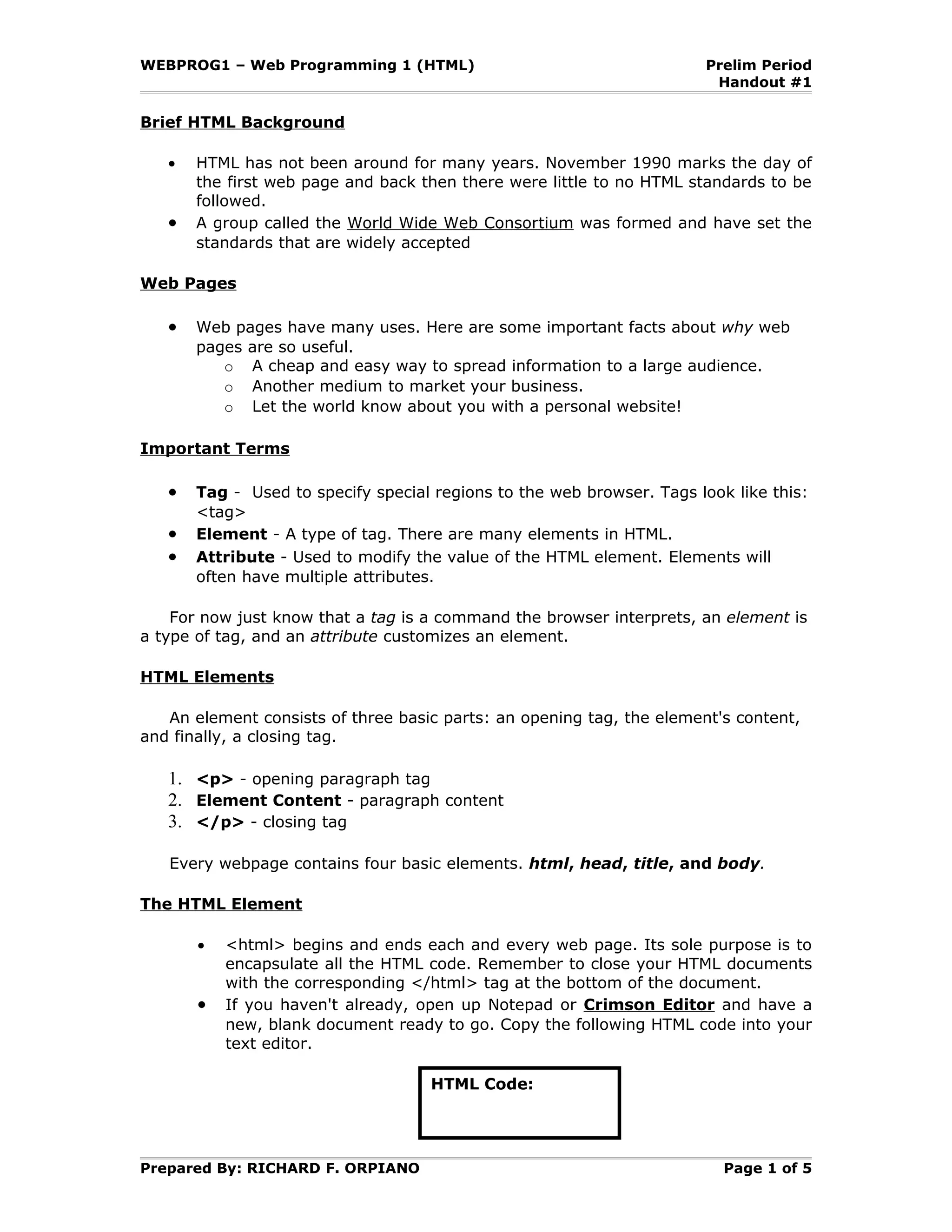 Handout1 intro to html | DOC