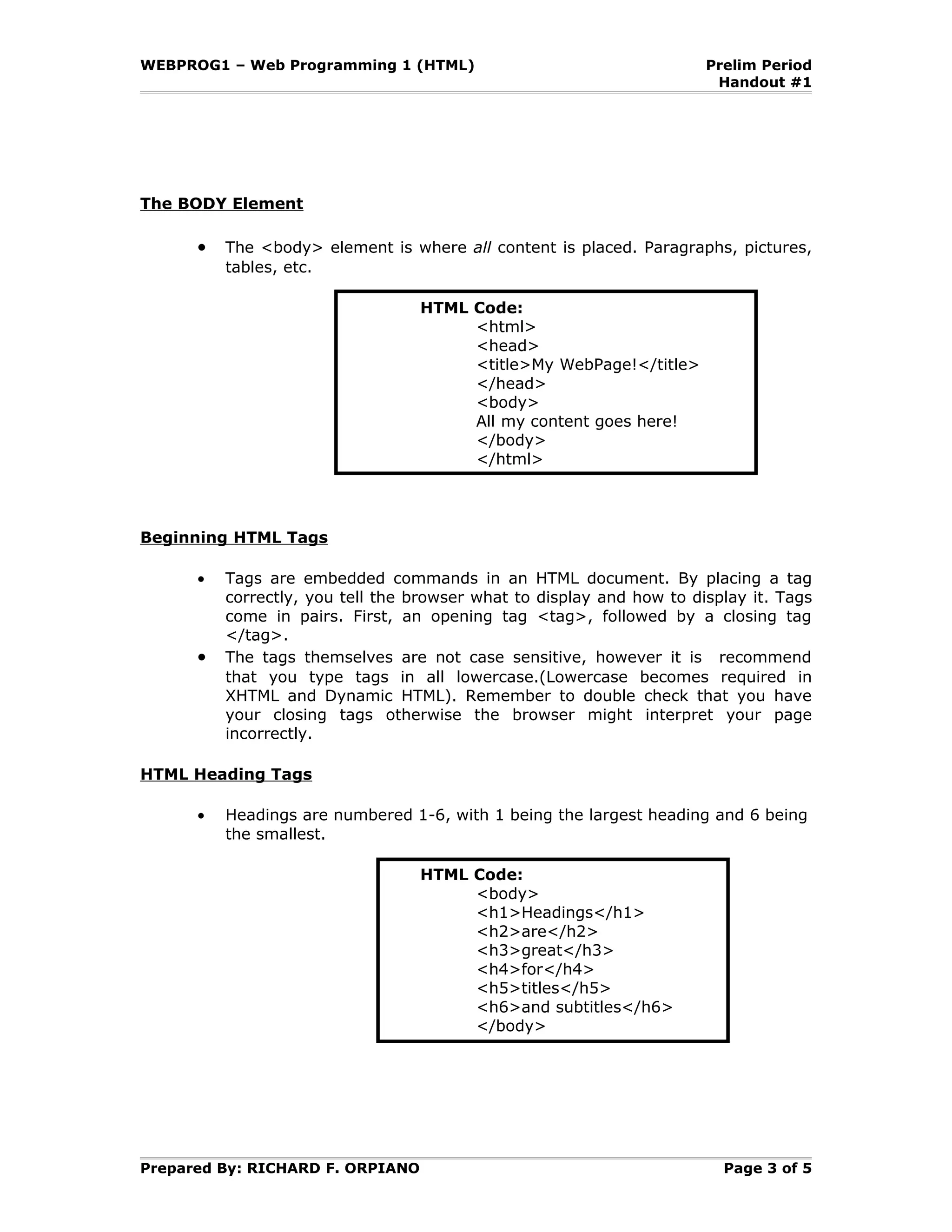 Handout1 intro to html | DOC