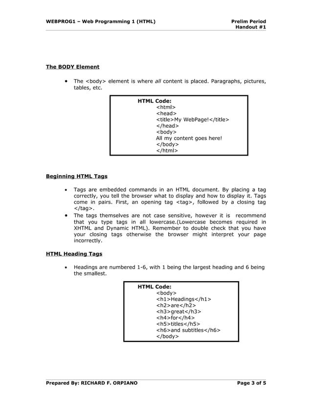 Handout1 intro to html | PDF