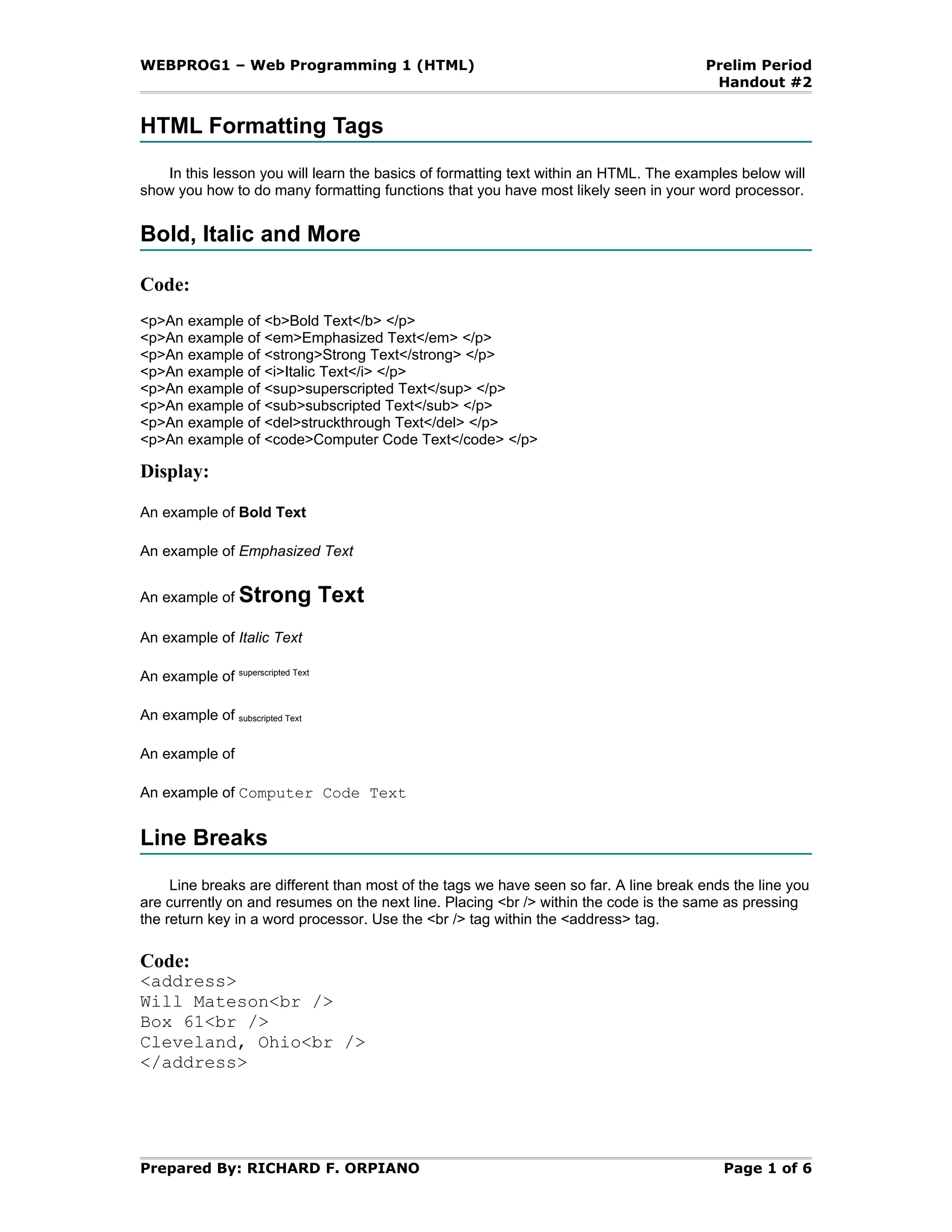 Handout2 formatting tags | PDF