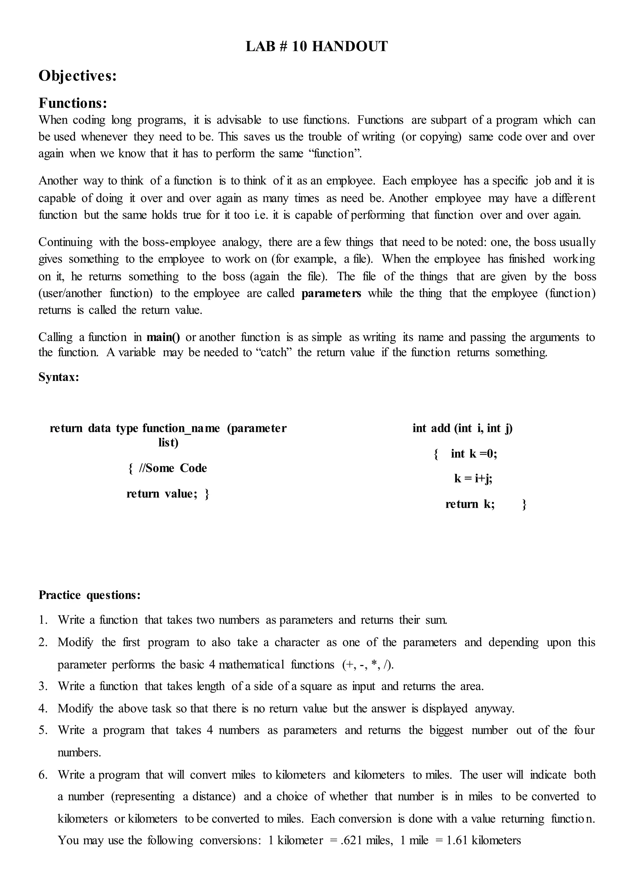 Handout # 3 functions c++ | PDF