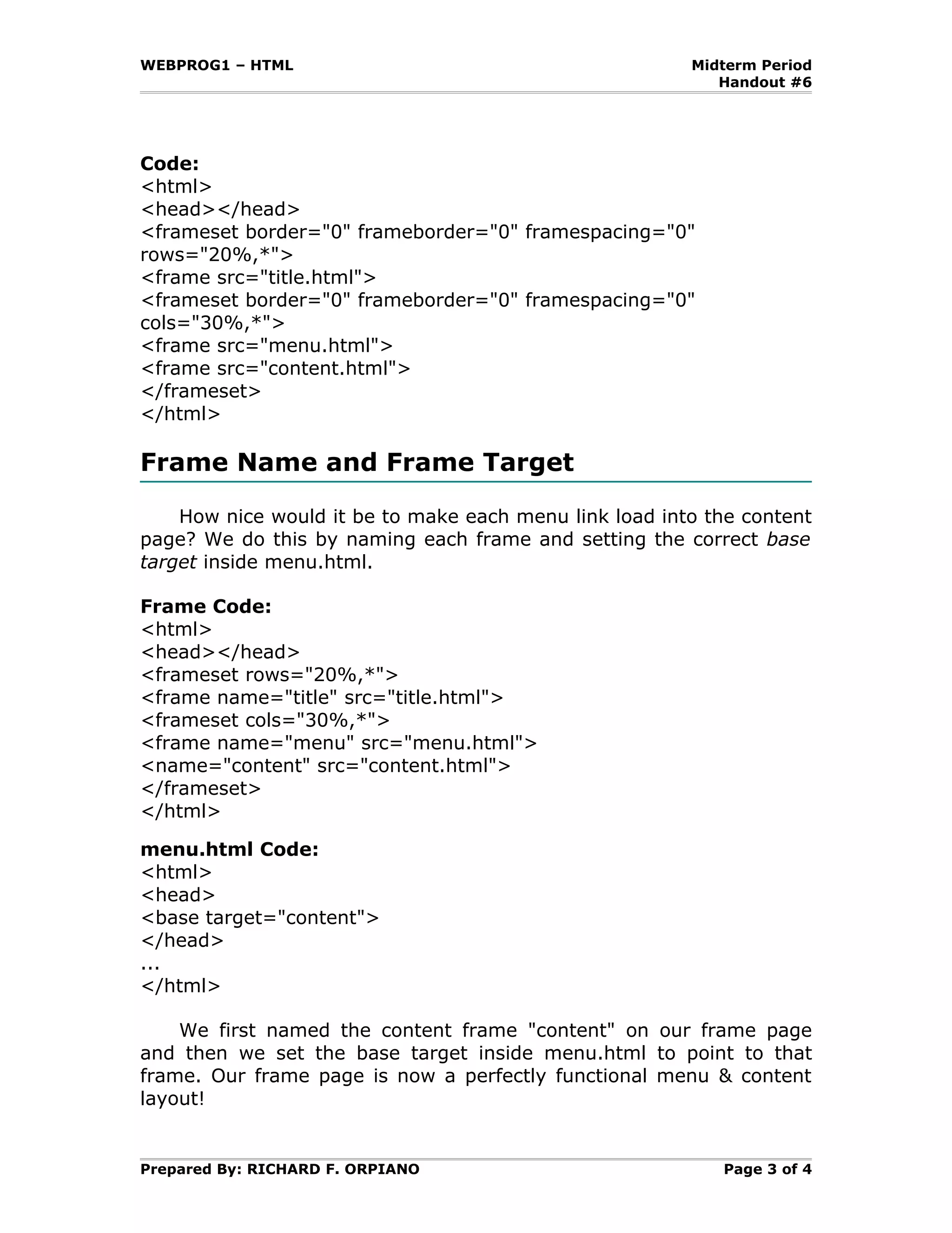 Handout6 html frames | DOC | Web Design and HTML | Internet