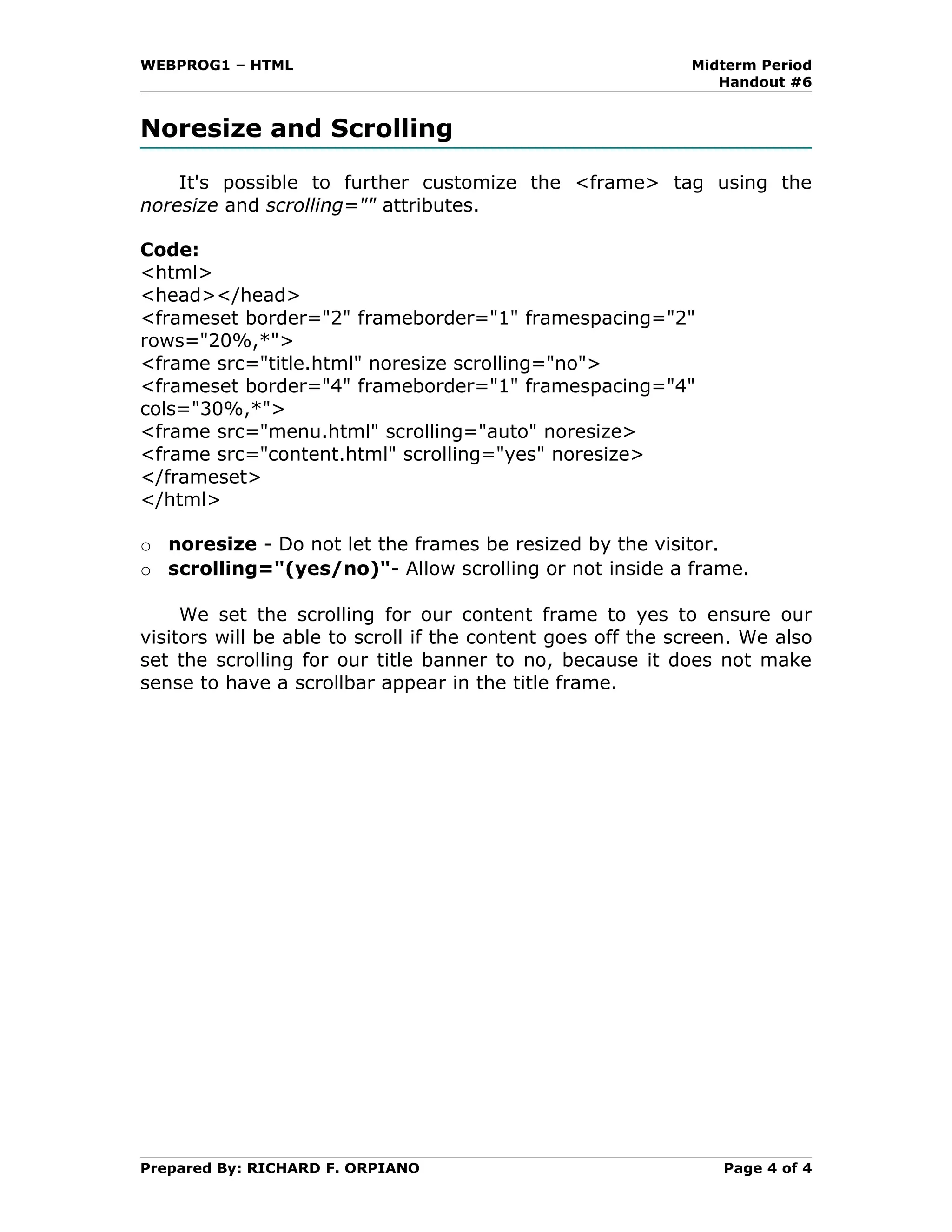 Handout6 html frames | DOC | Web Design and HTML | Internet