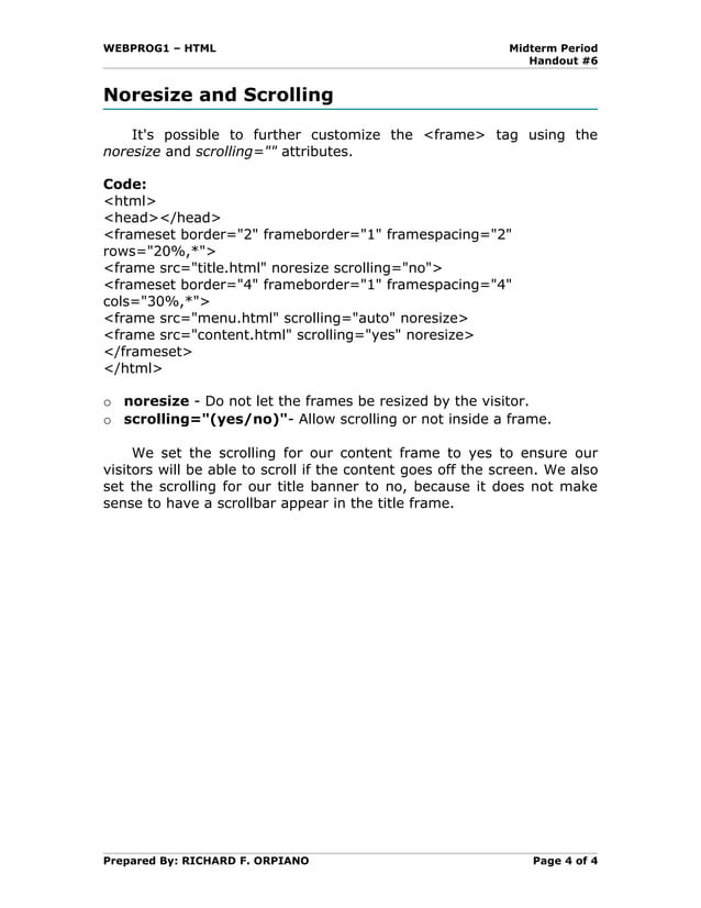 Handout6 html frames | DOC | Web Design and HTML | Internet