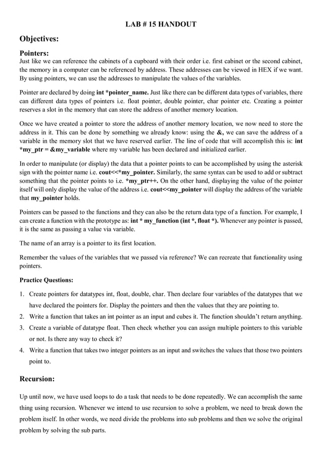 Handout # 6 pointers and recursion in c++ | PDF