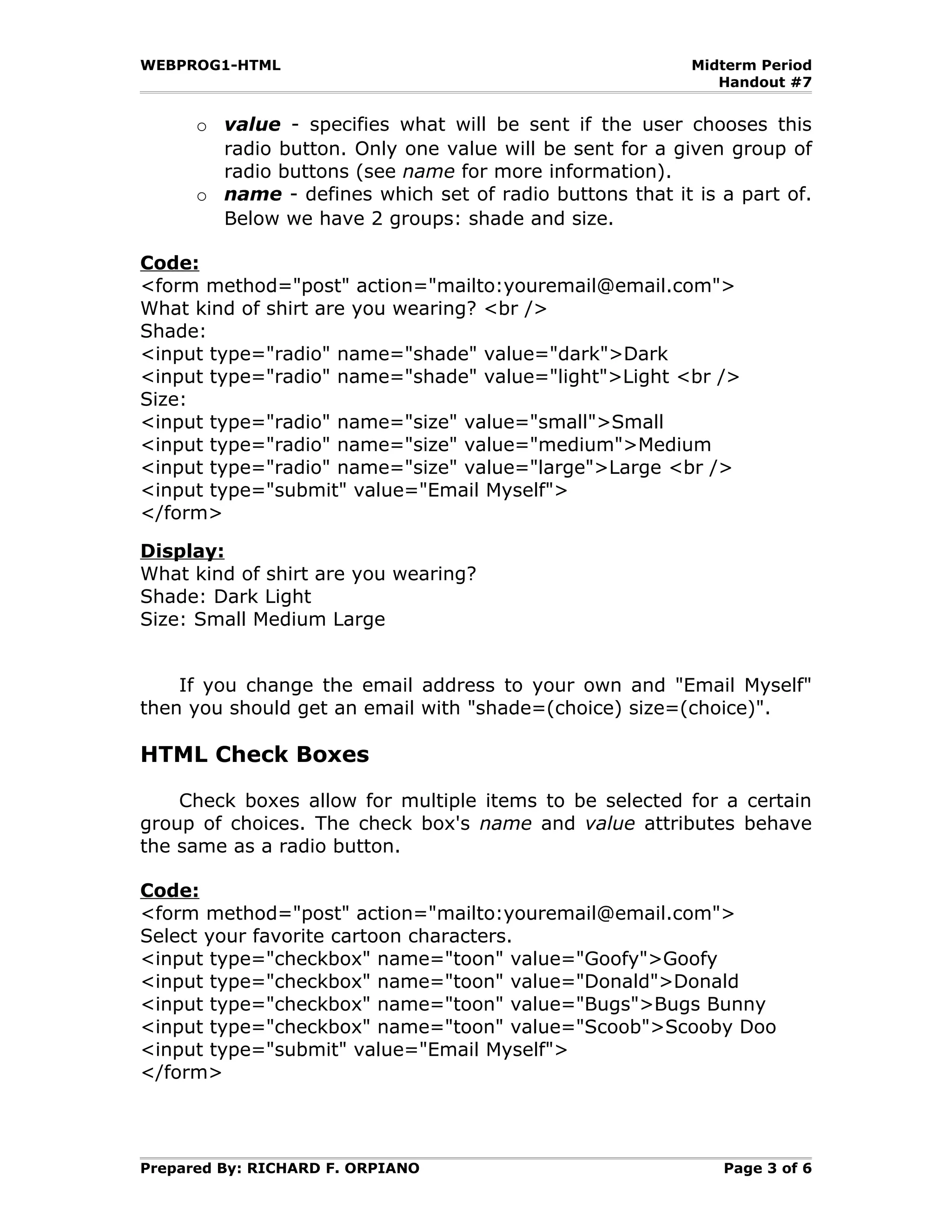 Handout7 html forms | DOC | Web Design and HTML | Internet