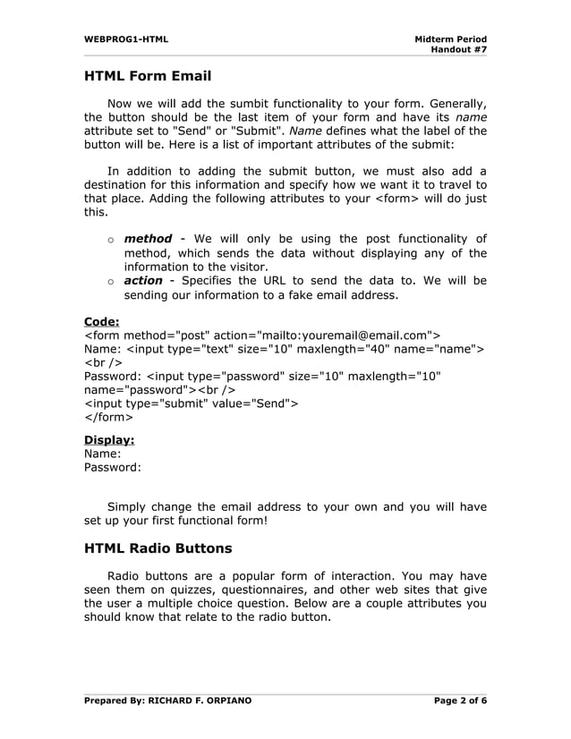 Handout7 html forms | DOC | Web Design and HTML | Internet