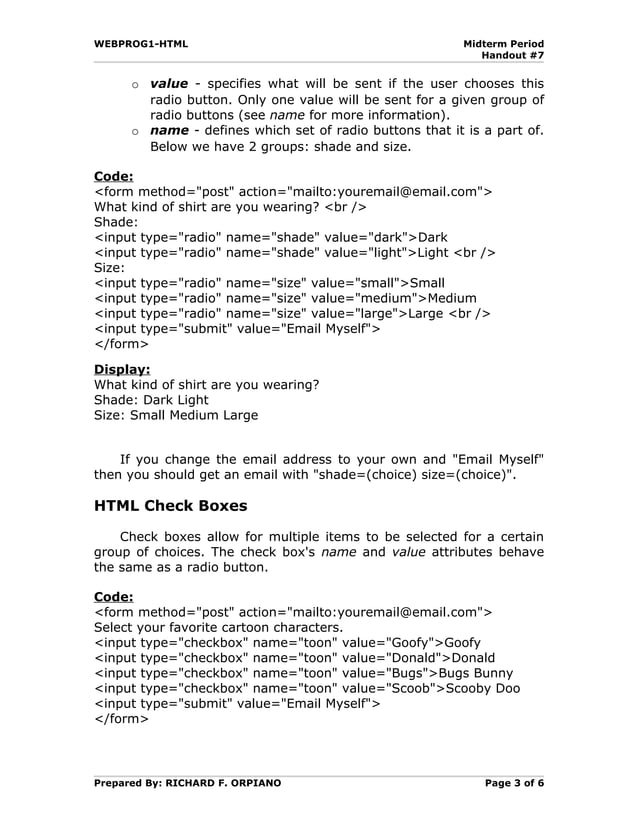 Handout7 html forms | DOC | Web Design and HTML | Internet