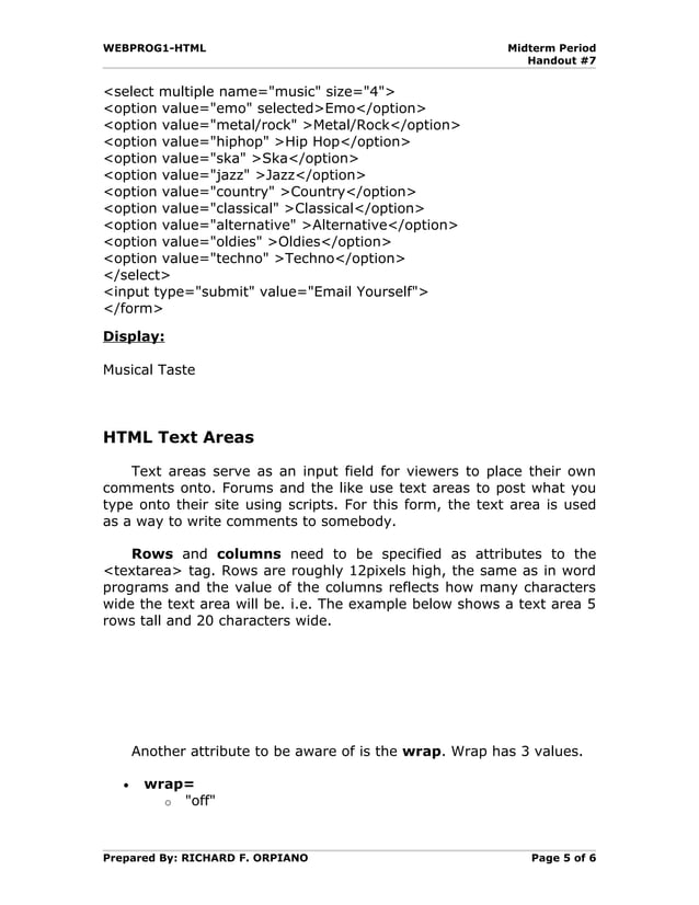 Handout7 html forms | DOC | Web Design and HTML | Internet