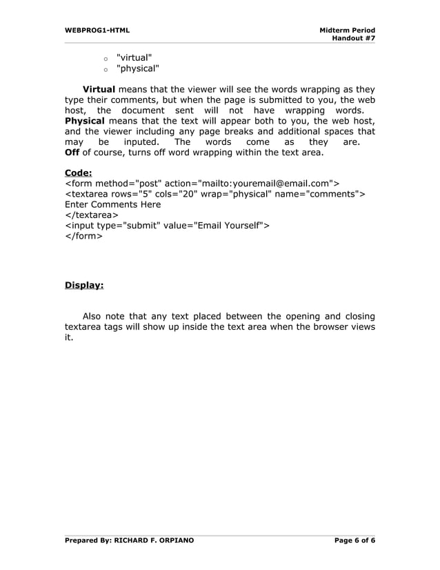 Handout7 html forms | DOC | Web Design and HTML | Internet