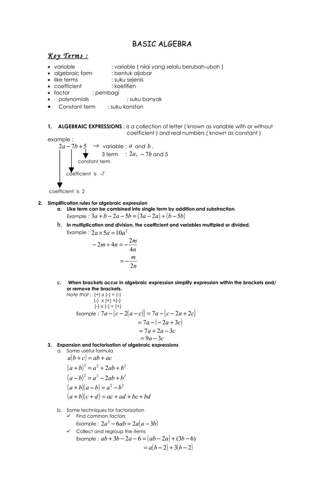 Handout basic algebra | PDF