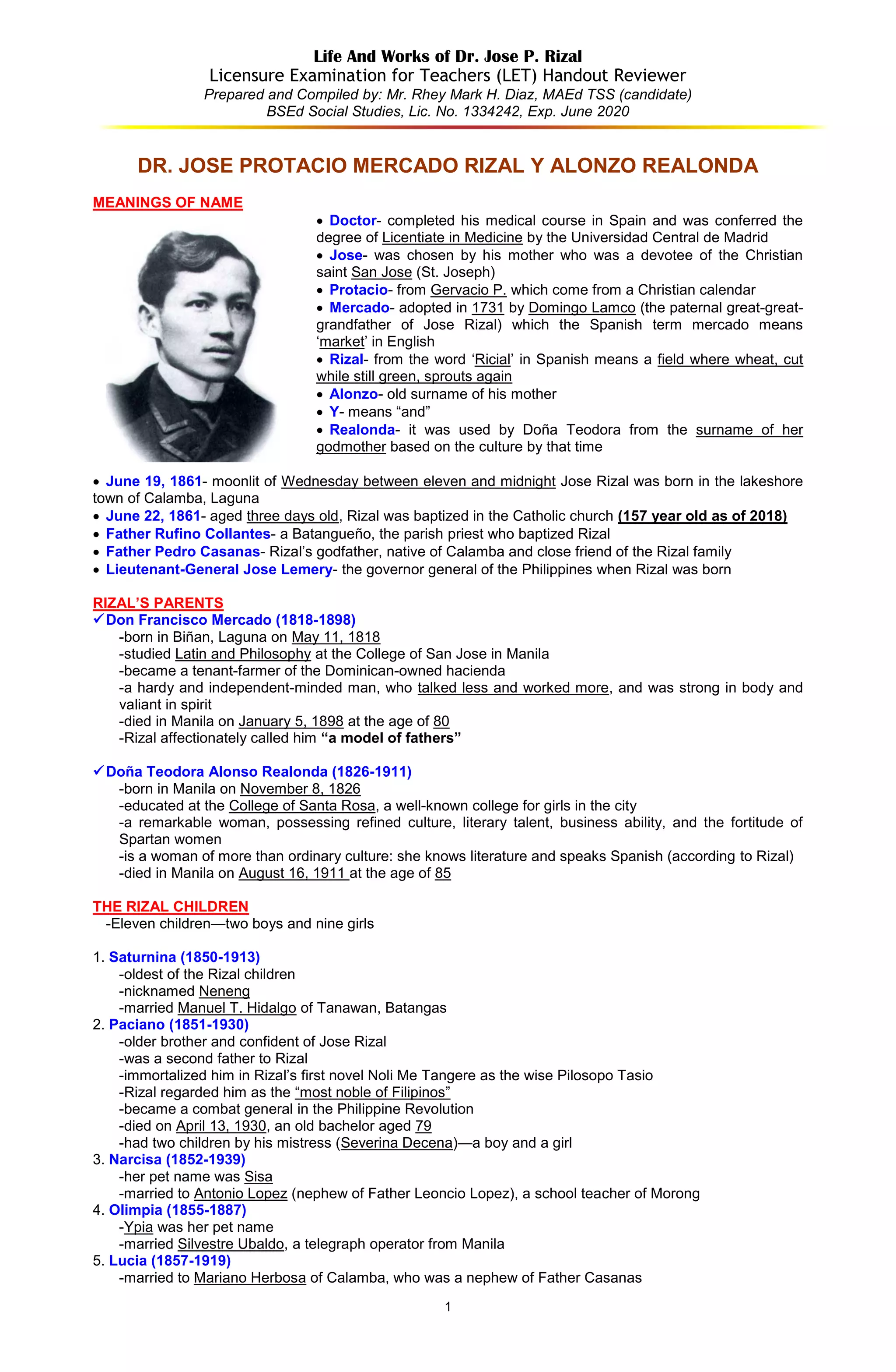 Handout d jose-rizal-reviewer_2018-edition | PDF