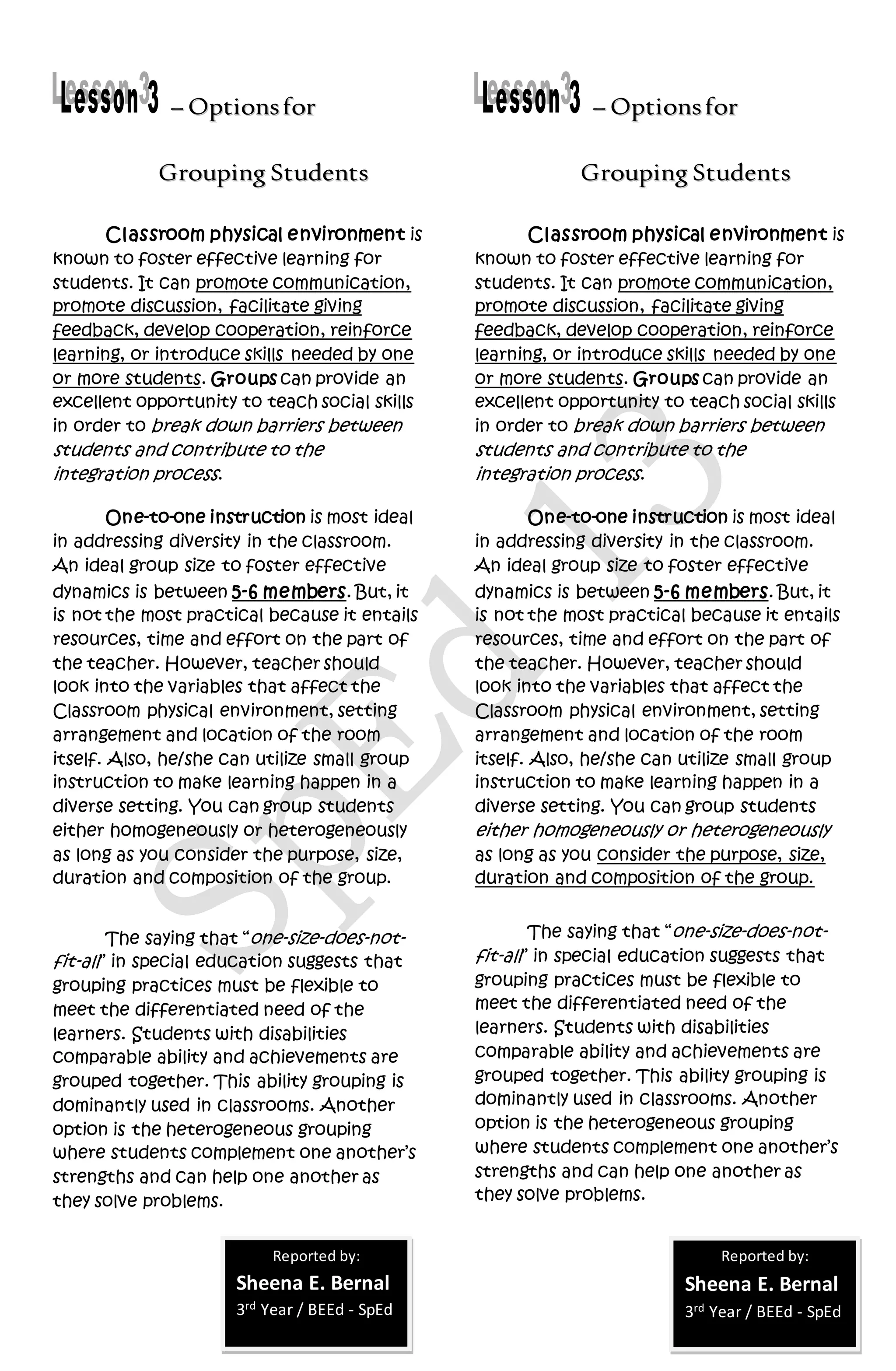 Hand out in lesson 3 options for grouping students (double) by sheena e ...