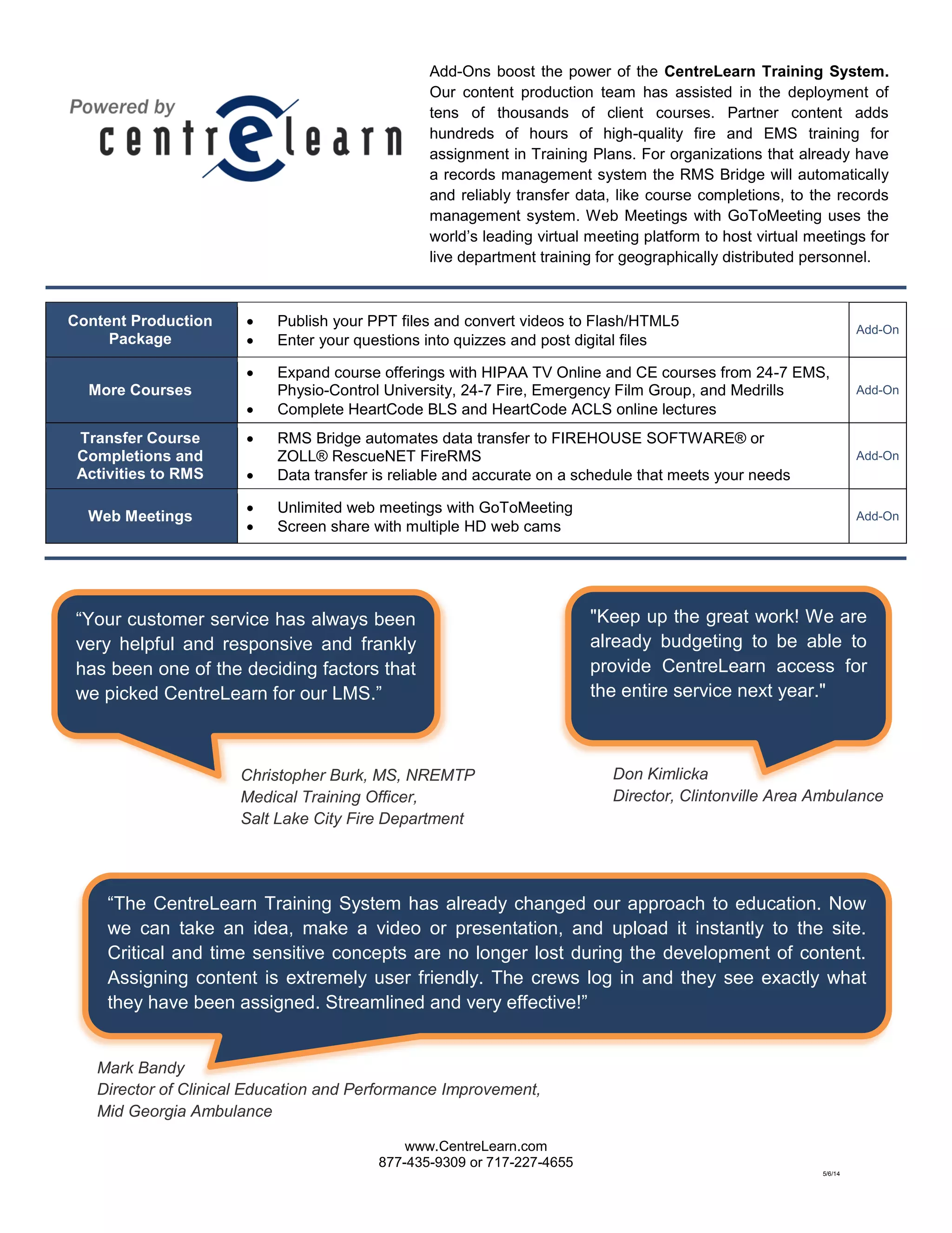 CentreLearn Training System Features - Quick Look | PDF