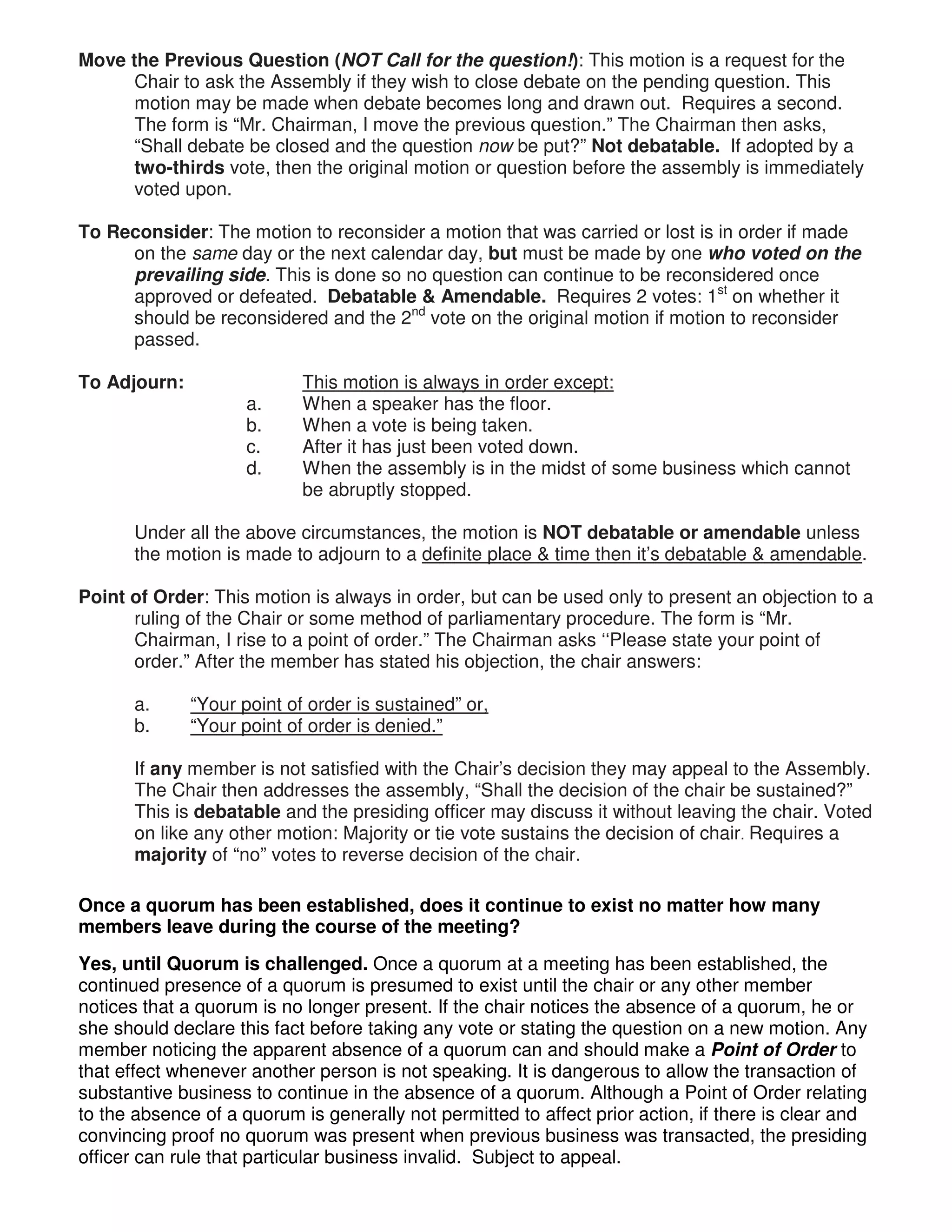 Parliamentary Rules Handout | PDF