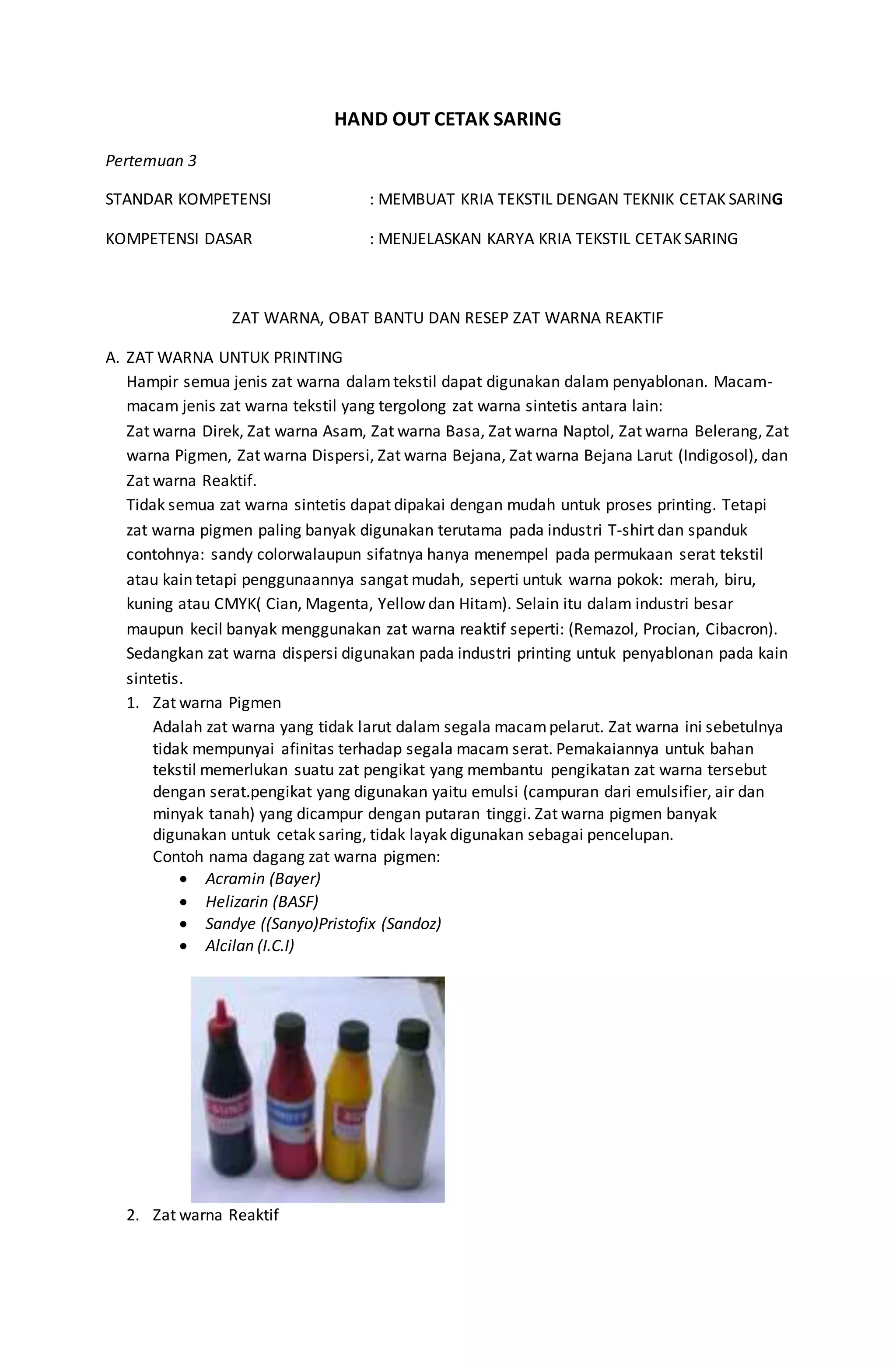Hand out cetak saring Kria Tekstil Part 2 | DOCX