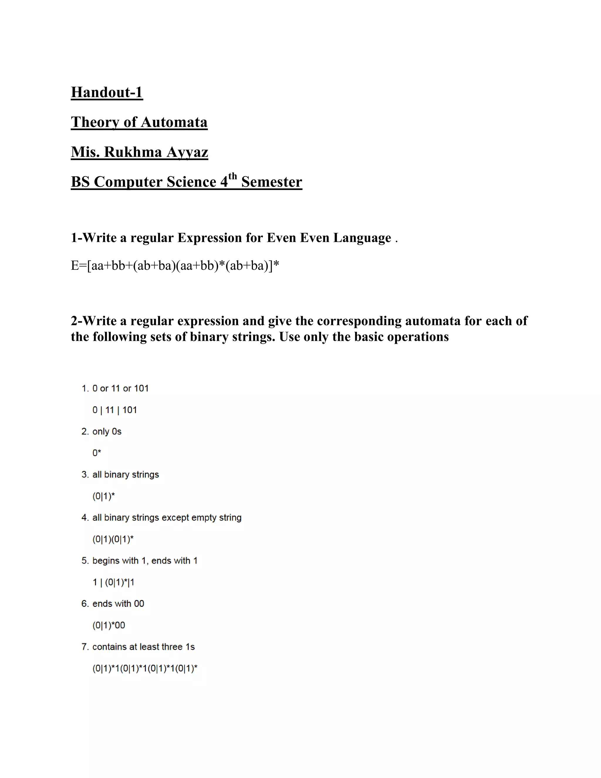 Automata Theory Handout with Regular Expressions | PDF