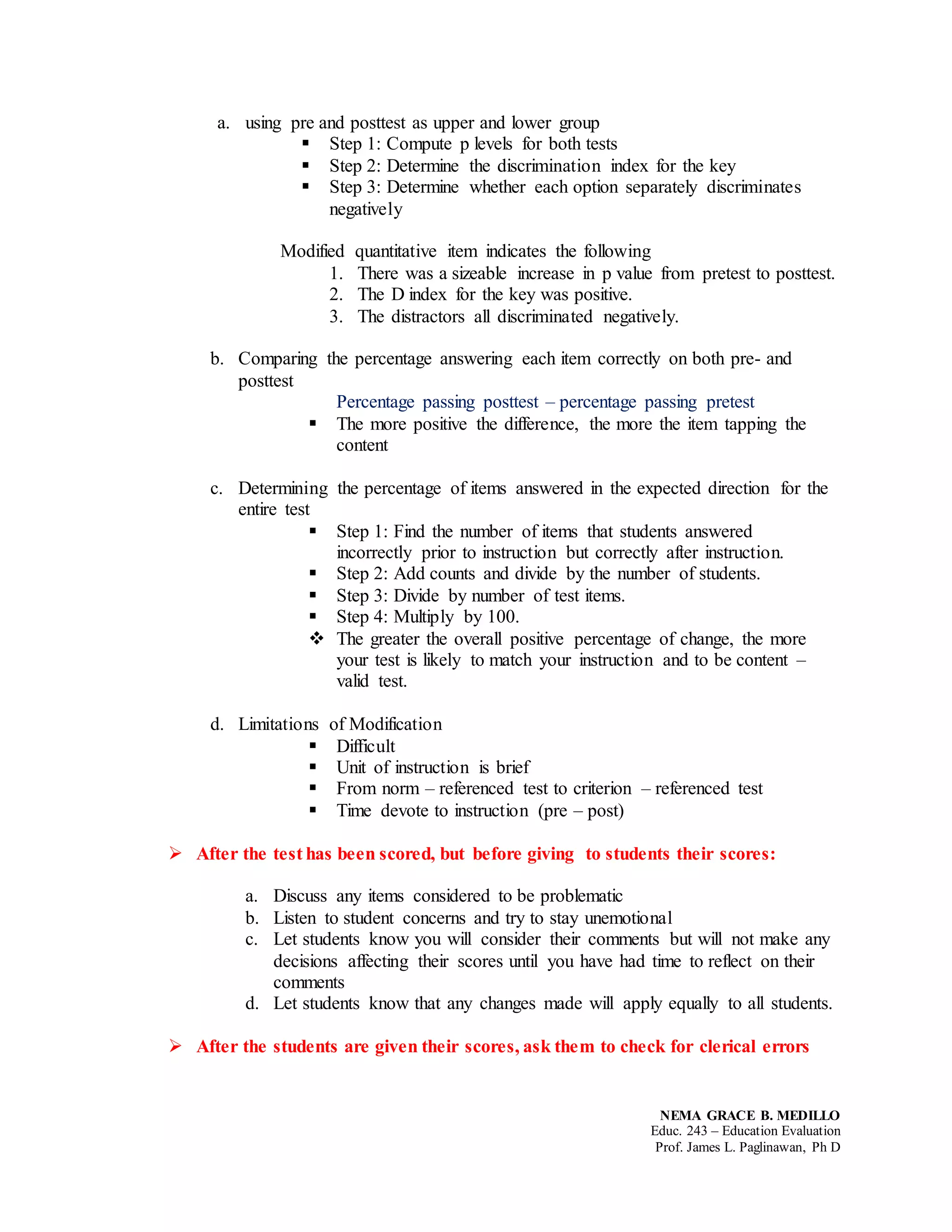 Administering Analyzing And Improving The Test Or Assessment Docx Educational Assessment