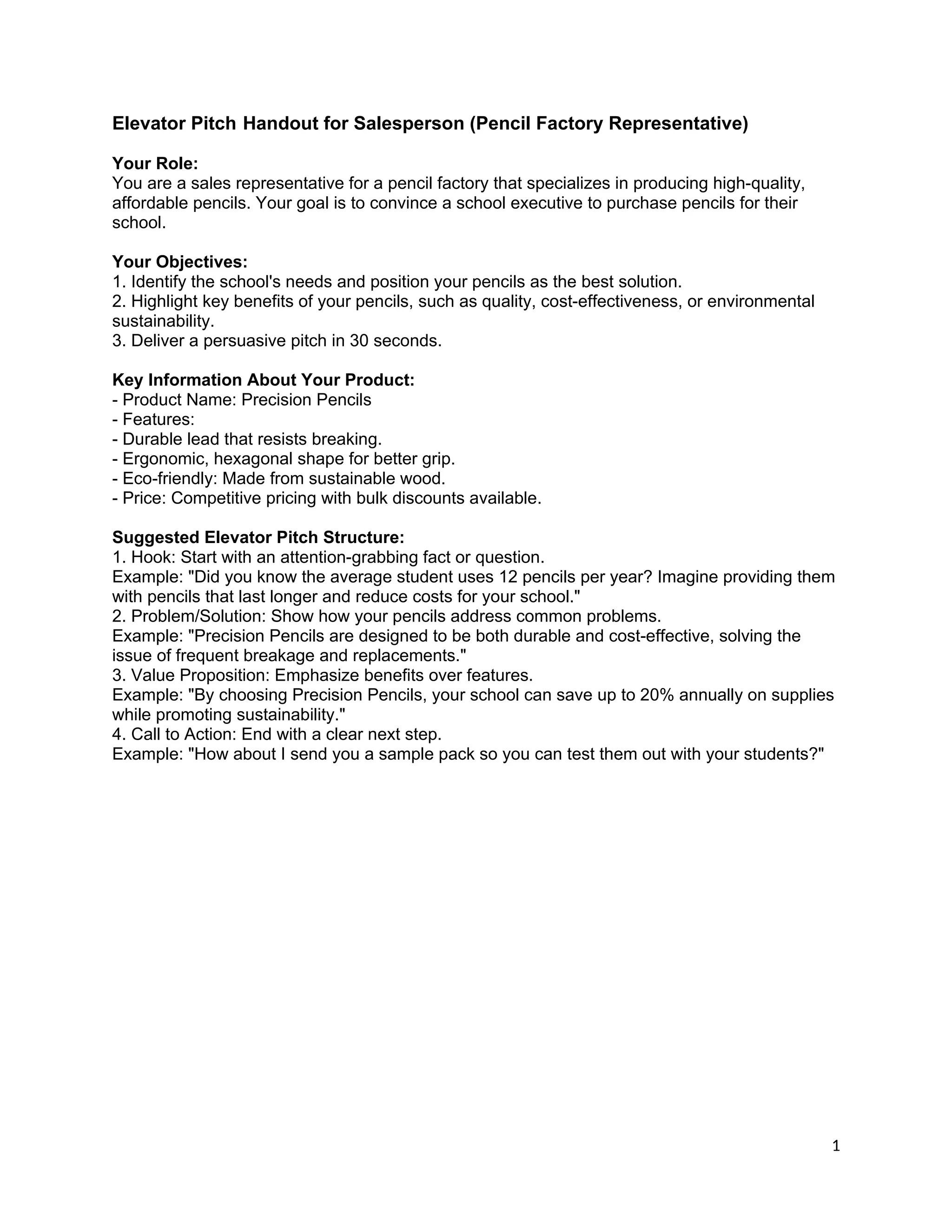 Handouts - Elevator Pitch sales class activity.docx