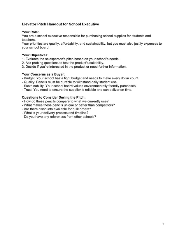 Handouts - Elevator Pitch sales class activity.docx